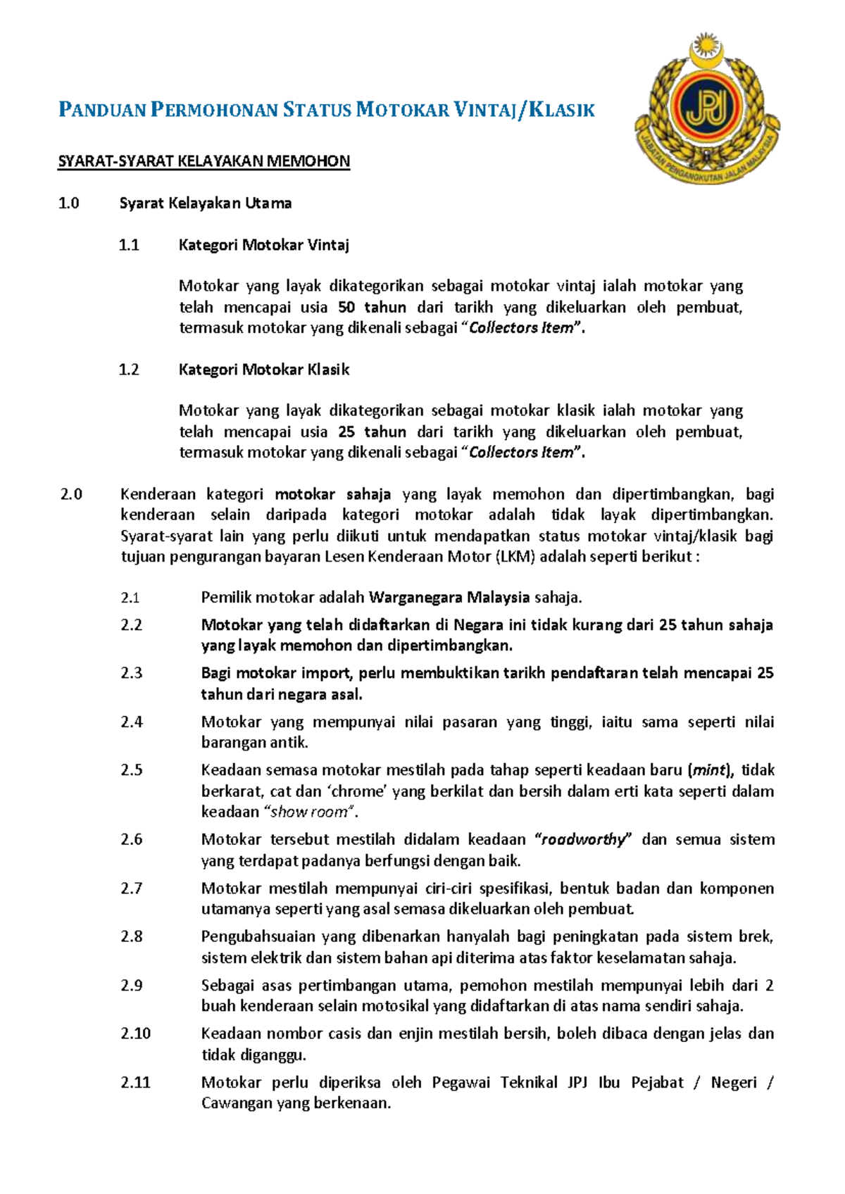 Panduan Status Motokar Vintaj-Klasik (2021) - PANDUAN PERMOHONAN STATUS ...