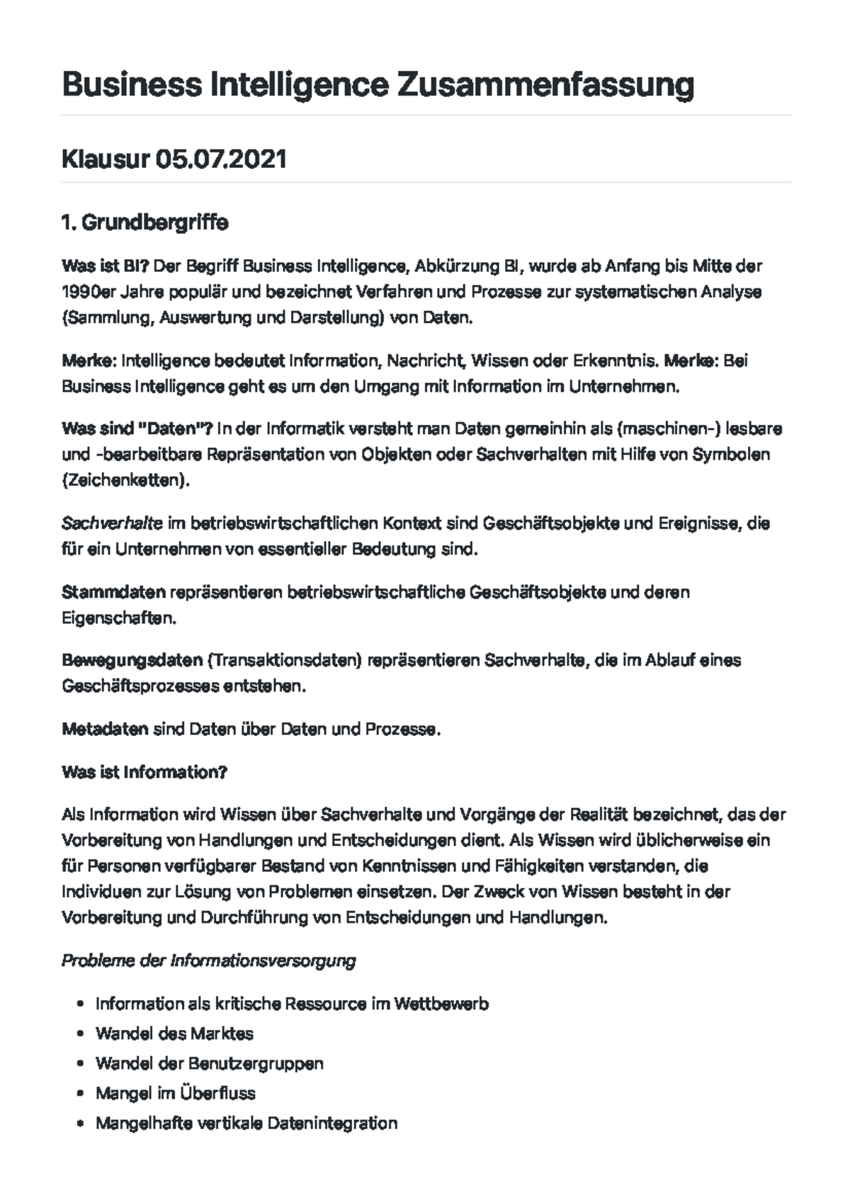 Zusammenfassung - Business Intelligence WI7 - Business Intelligence ...