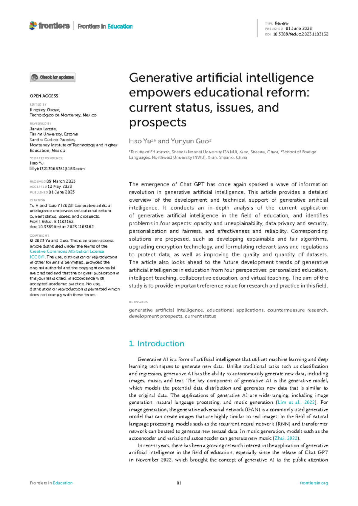 Genai Edu research paper - TYPE Review PUBLISHED 01 June 2023 DOI 10. ...