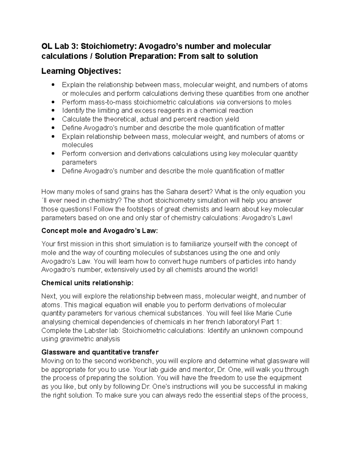 Wk 3 lab - Week 3 lab document - OL Lab 3: Stoichiometry: Avogadro’s number and molecular - Studocu