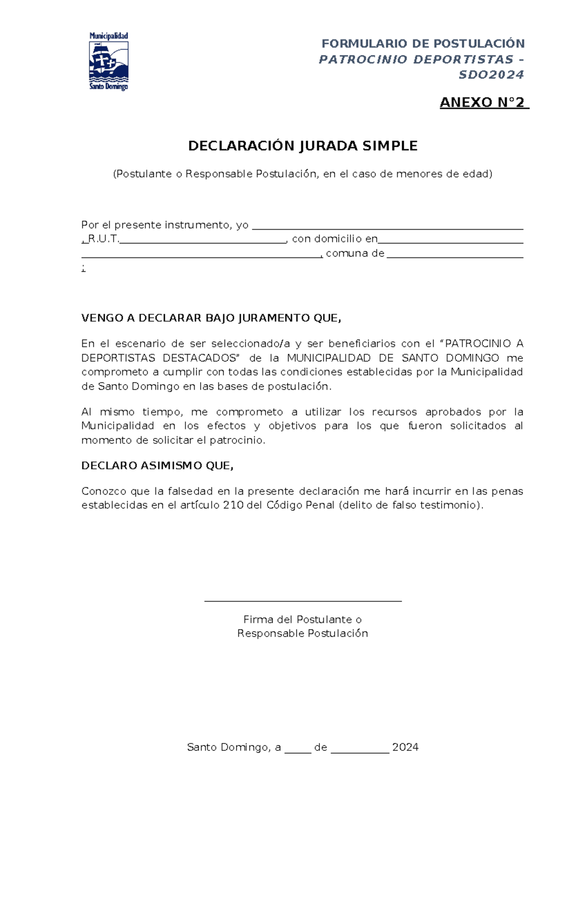 Anexo 2- Declaracion Jurada - FORMULARIO DE POSTULACIÓN PATROCINIO DEPORTISTAS - SDO ANEXO N ...