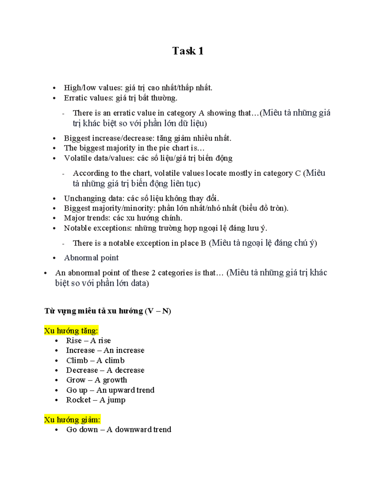 Writing - Task 1 High/low values: giá trị cao nhất/thấp nhất. Erratic ...