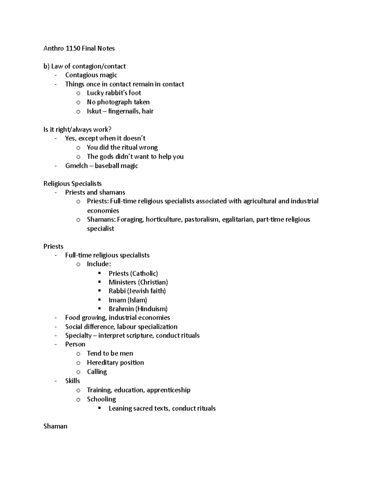 Anthro 1500 Final Notes - Anthro 1150 Final Notes b) Law of contagion ...