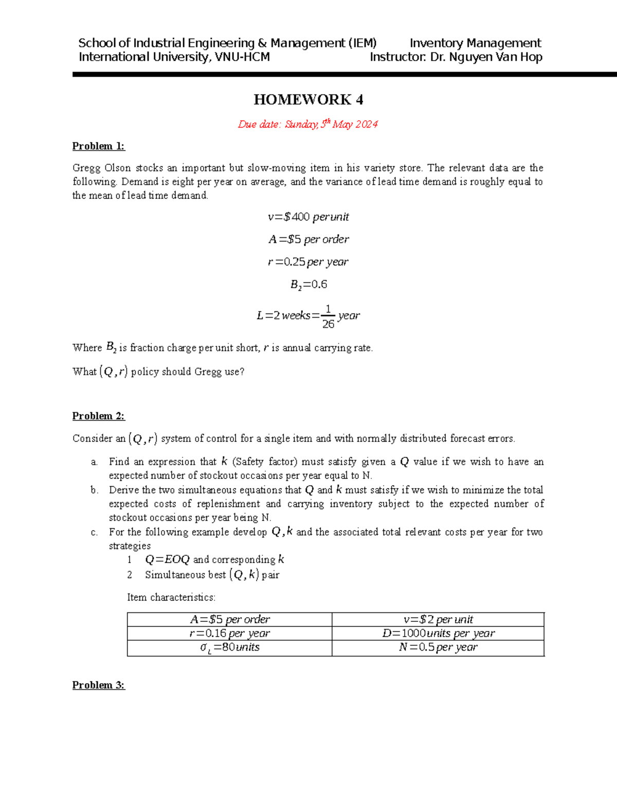 Homework 4 - n/a - School of Industrial Engineering & Management (IEM ...