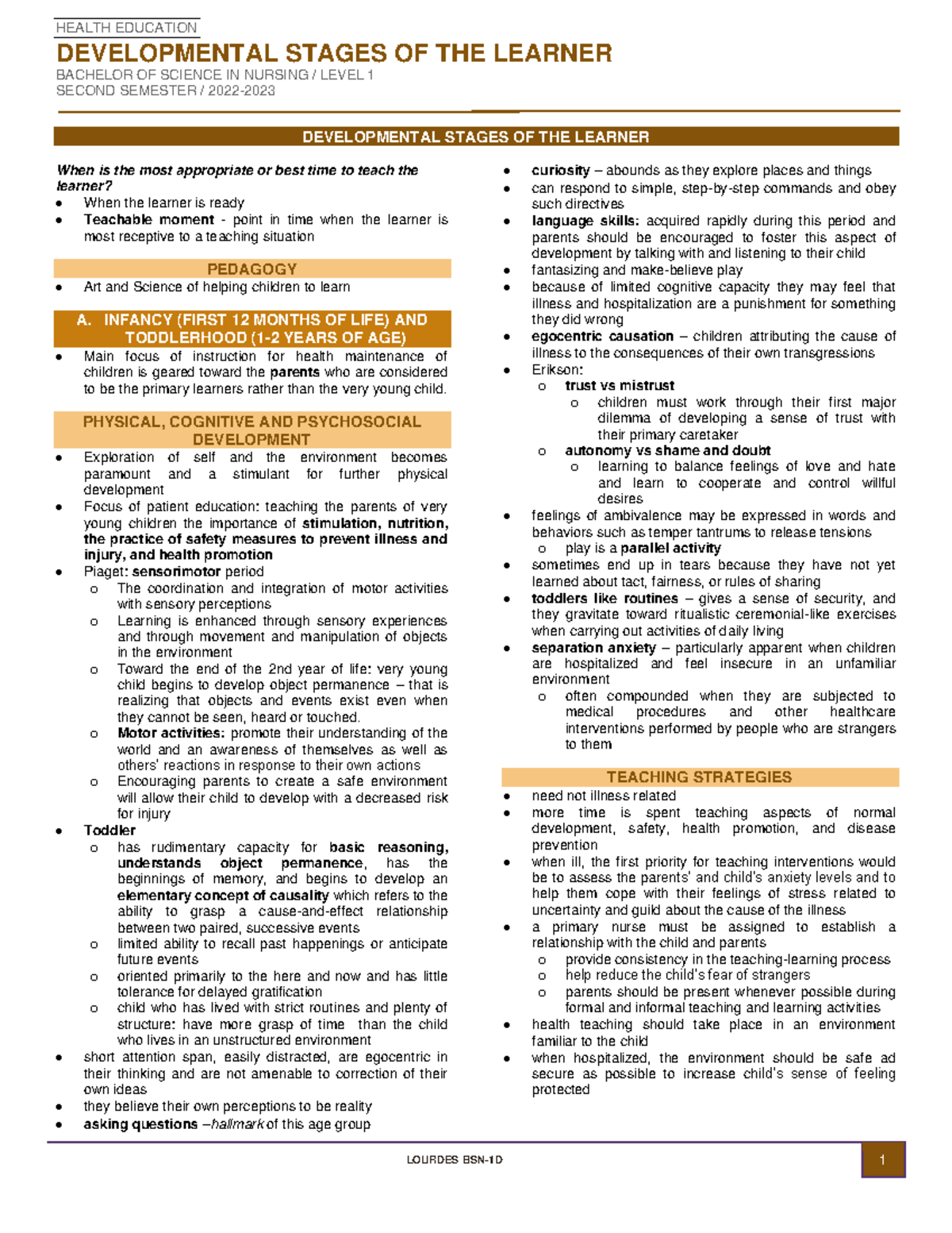 Developmental Stages of Learners - HEALTH EDUCATION DEVELOPMENTAL ...