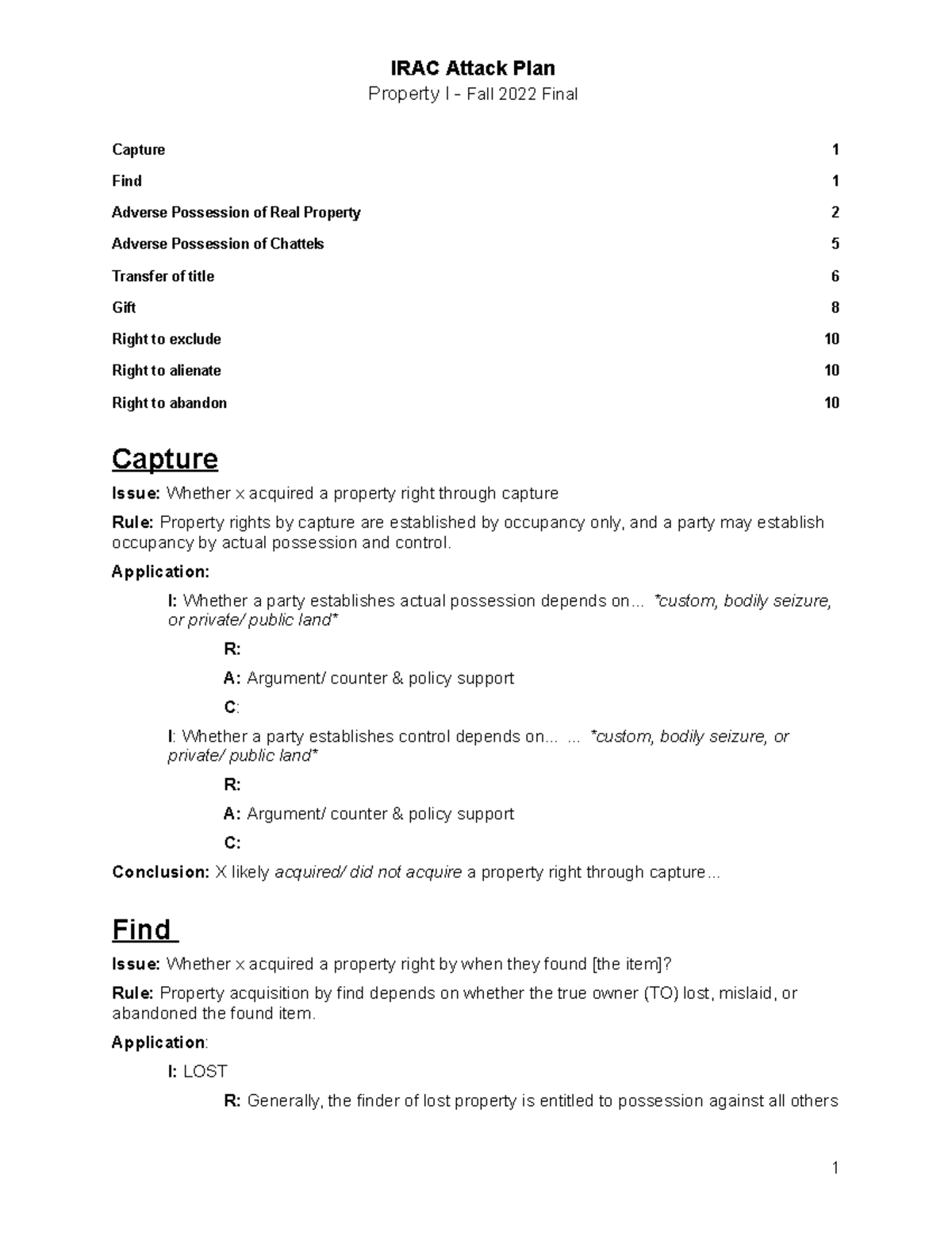 Property I IRAC Attack Plan - IRAC Attack Plan Property I - Fall 2022 ...