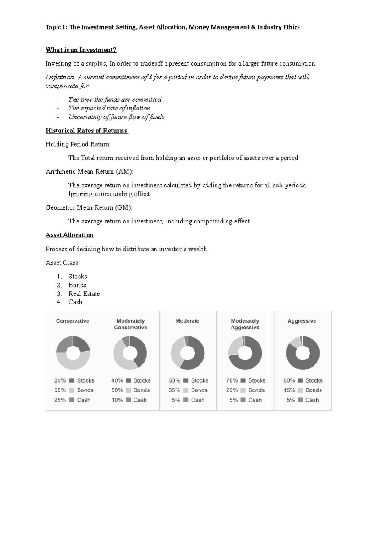 Week 1 - Week 1 notes - Topic 1: The Investment Setting, Asset ...