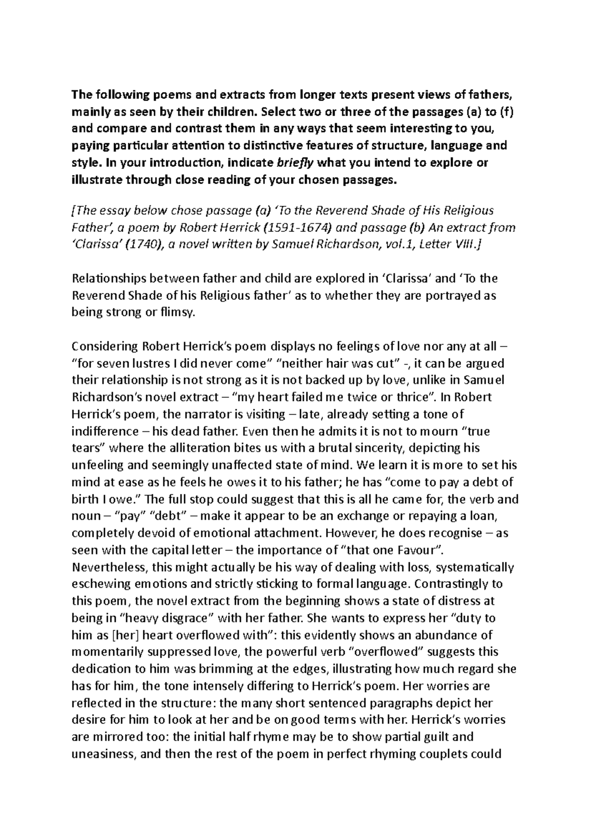 English Literature Admissions Test – Theme of Fathers - The following ...