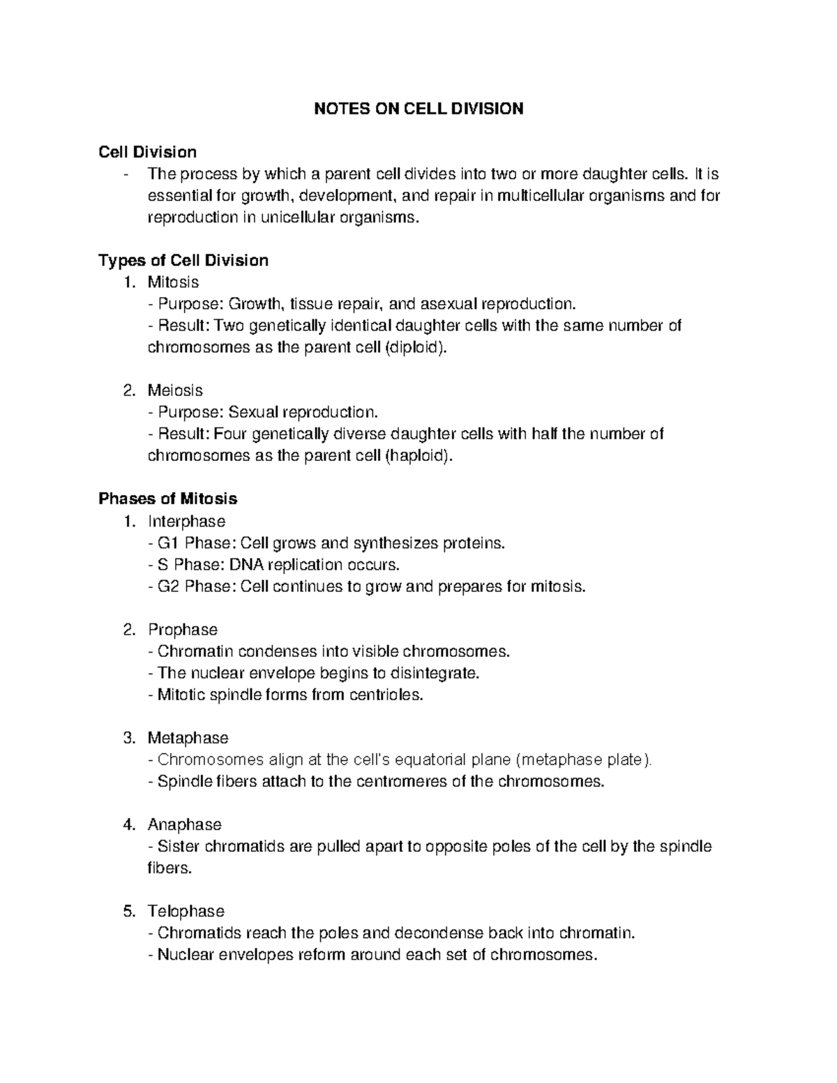 cell division - notes - NOTES ON CELL DIVISION Cell Division - The ...