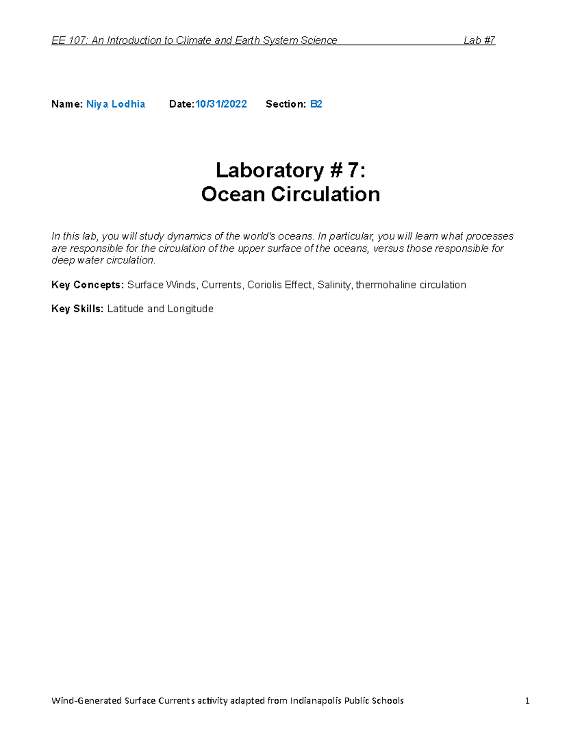 EE107 Lab 7 Ocean Circulation - S - Name: Niya Lodhia Date:10/31/2022 ...