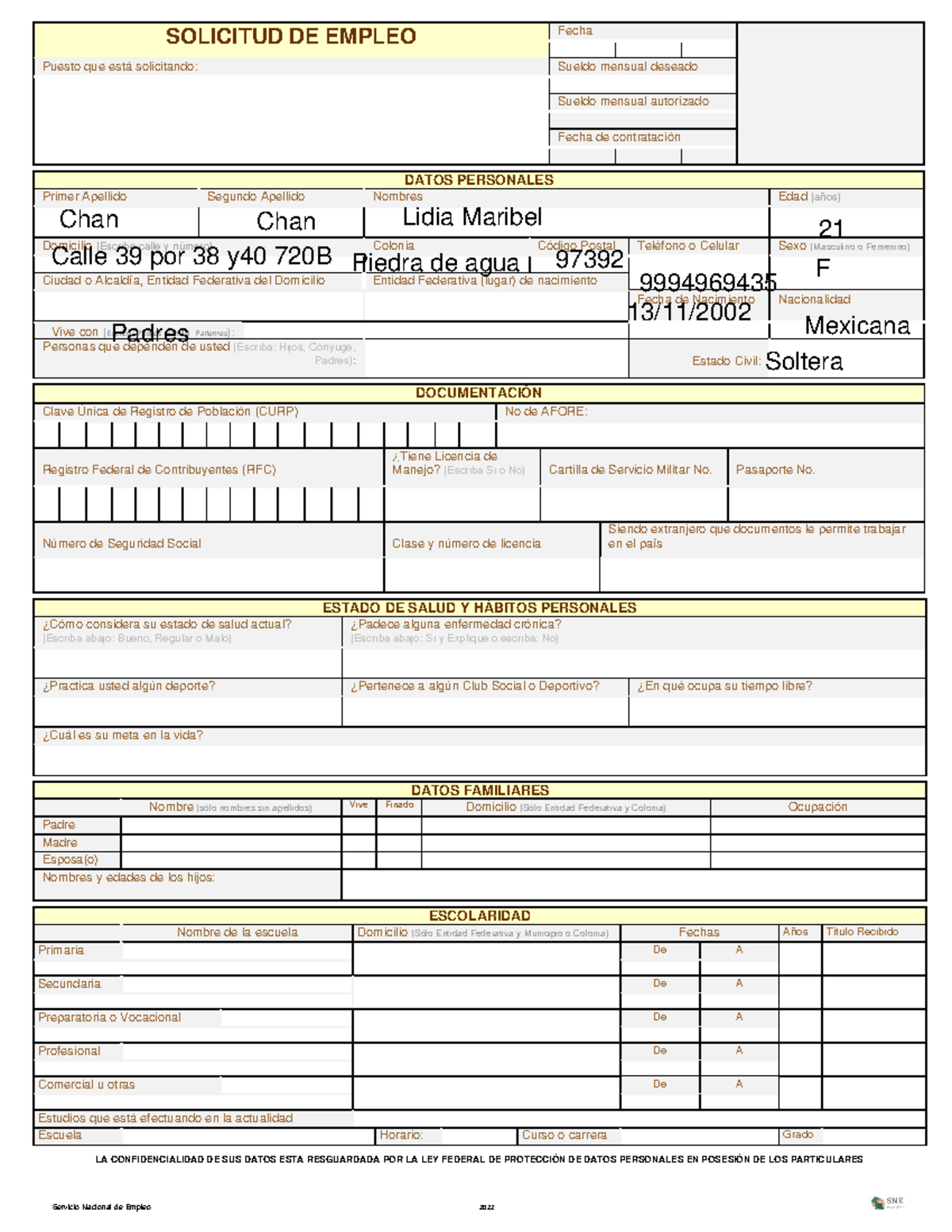 SNE Solicitud DE Empleo Plantilla PDF - Servicio Nacional de Empleo 2022 SOLICITUD DE EMPLEO ...