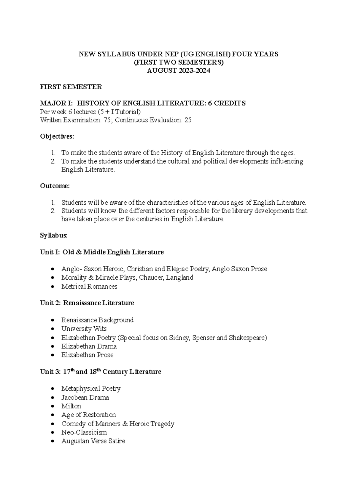 English NEP 2023 - NEW SYLLABUS UNDER NEP (UG ENGLISH) FOUR YEARS ...