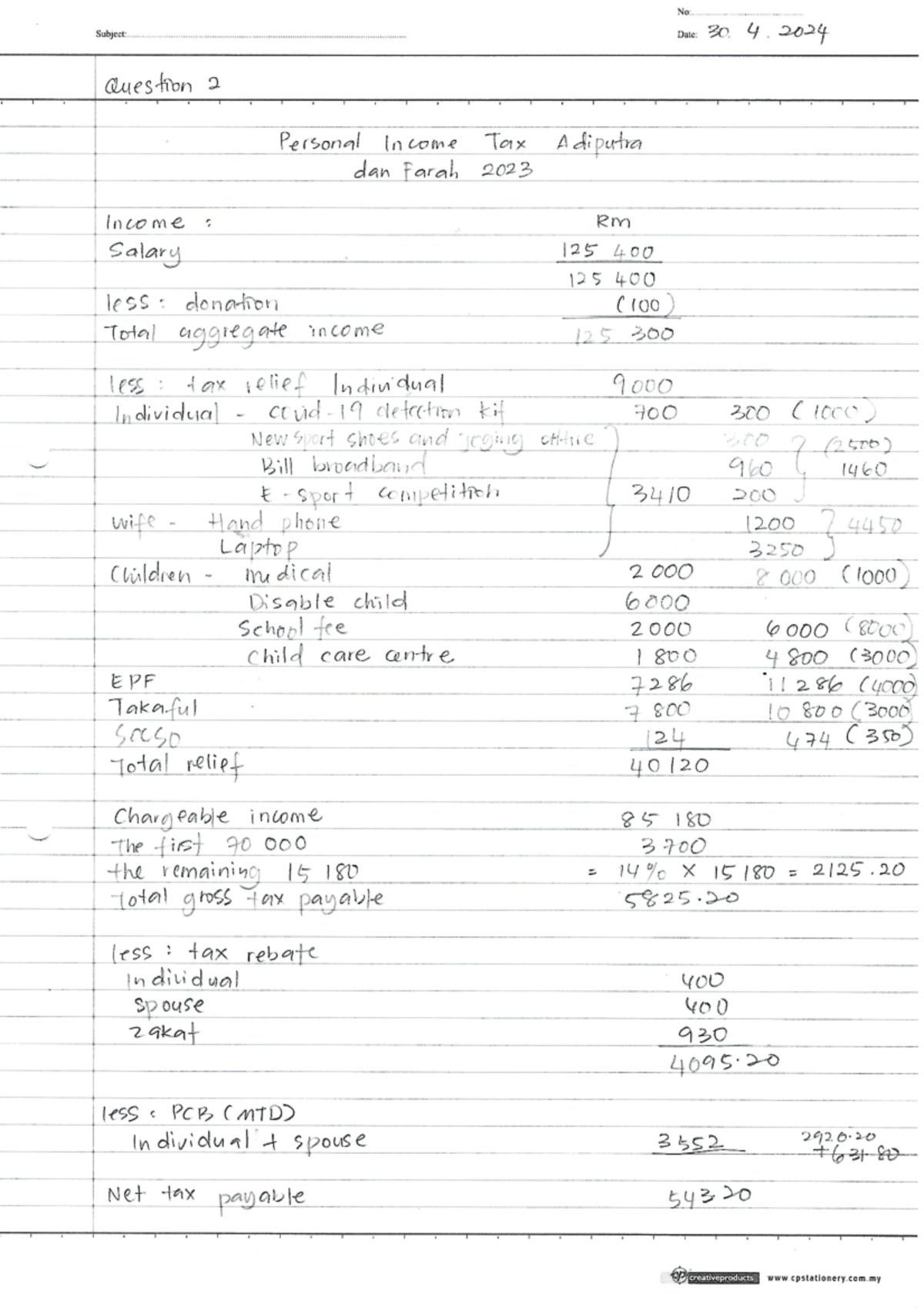 Answer - Income TAX Practice Question adiputra and farah v2023 nurul ...