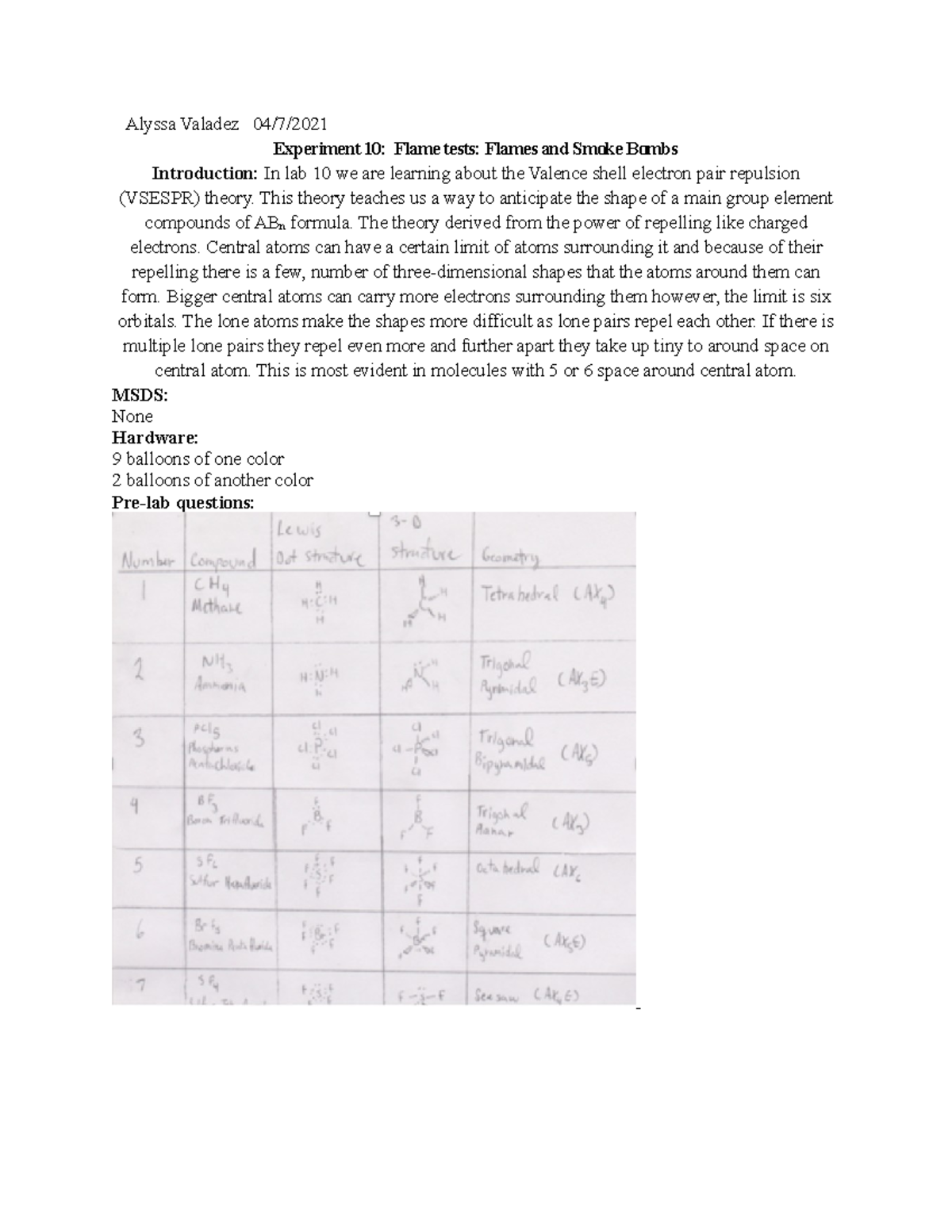 Inorganic Chem Lab Report 10 - Alyssa Valadez 04/7/ Experiment 10 ...