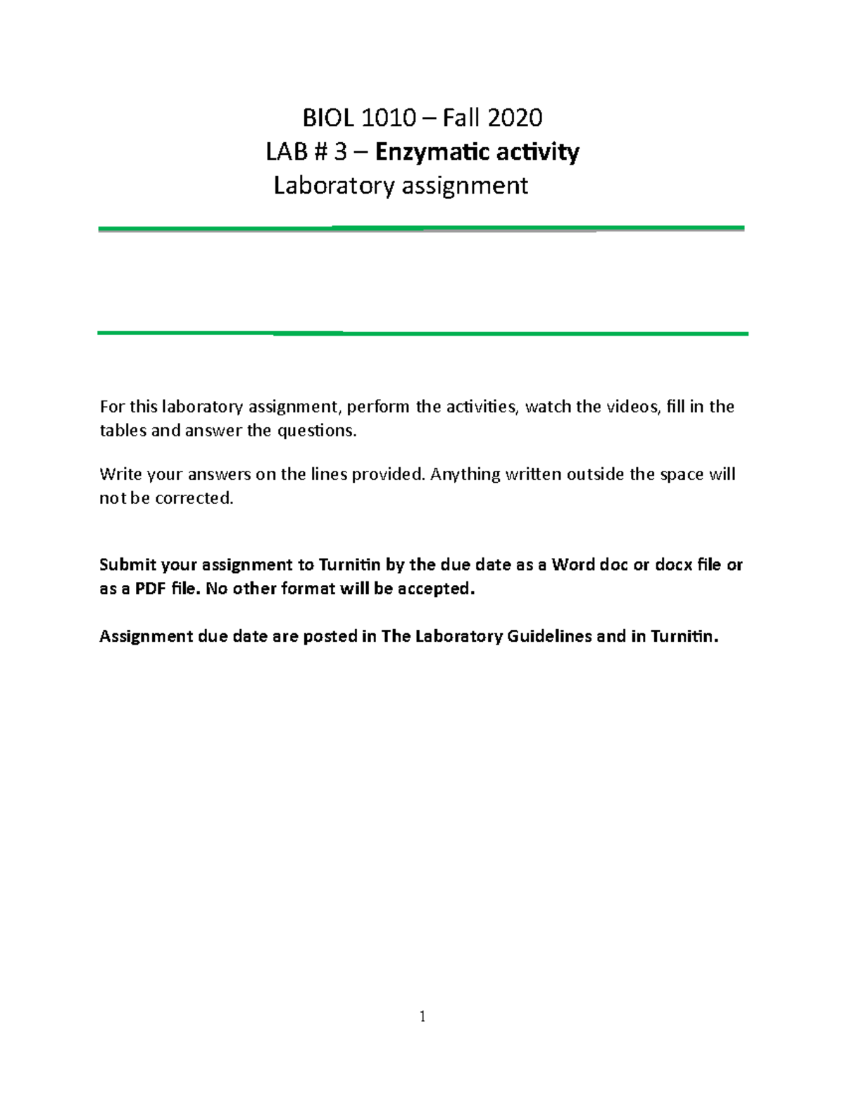 Lab#3 Assignment - BIOL 1010 – Fall 2020 LAB # 3 – Enzymaic acivity ...