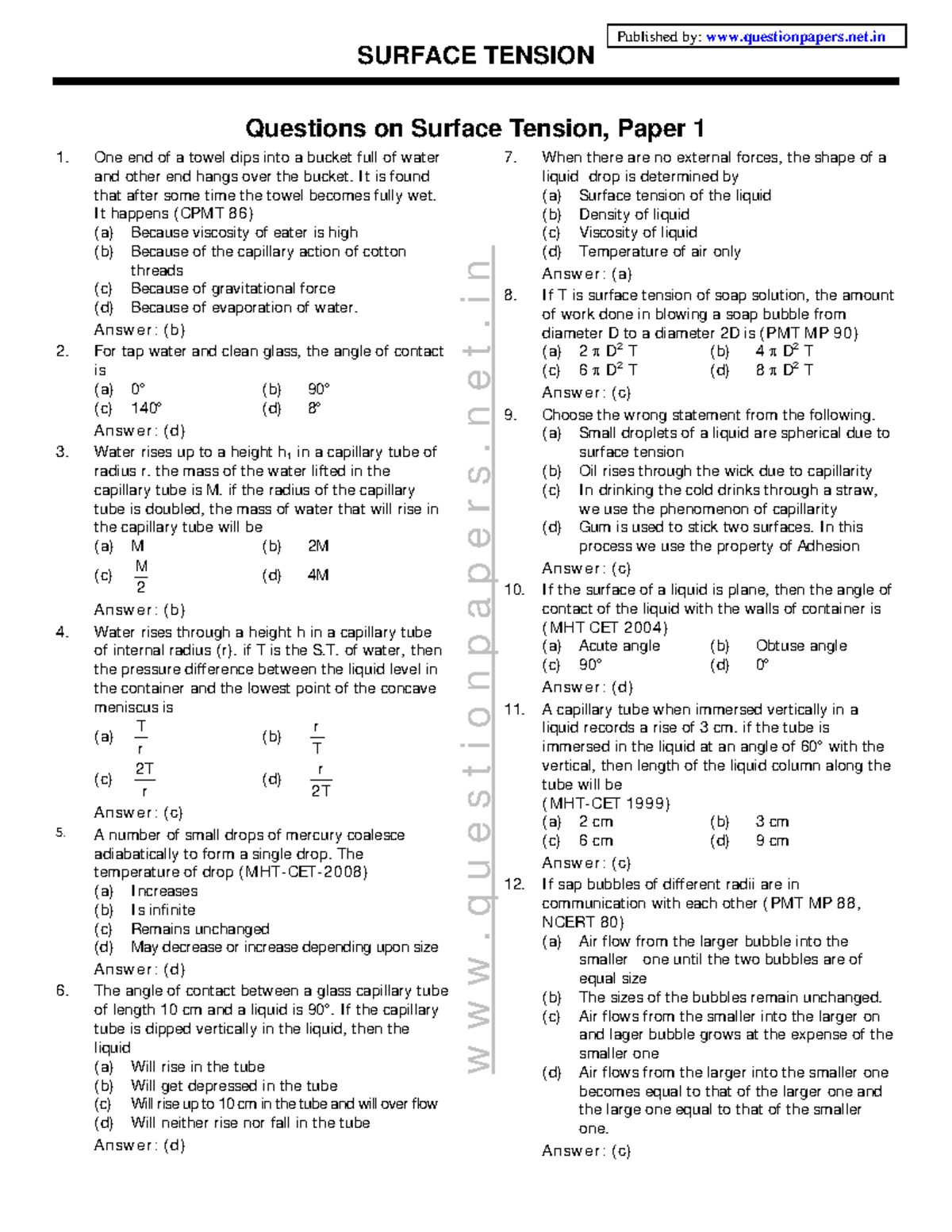 Surface tension Questions CHE416 - Published by: questionpapers.net ...