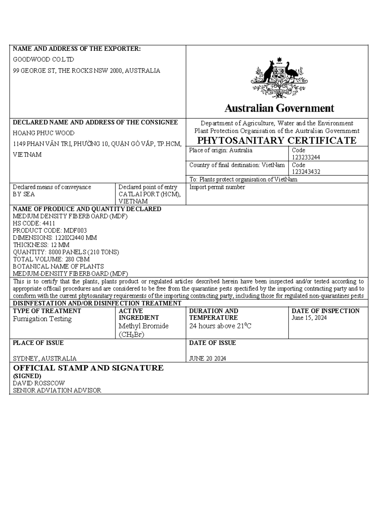 Phytosanitary Certificate Australia - NAME AND ADDRESS OF THE EXPORTER ...