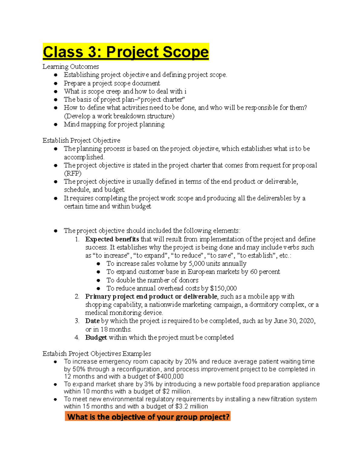 Class 3 Project Scope - notes - Class 3: Project Scope Learning ...