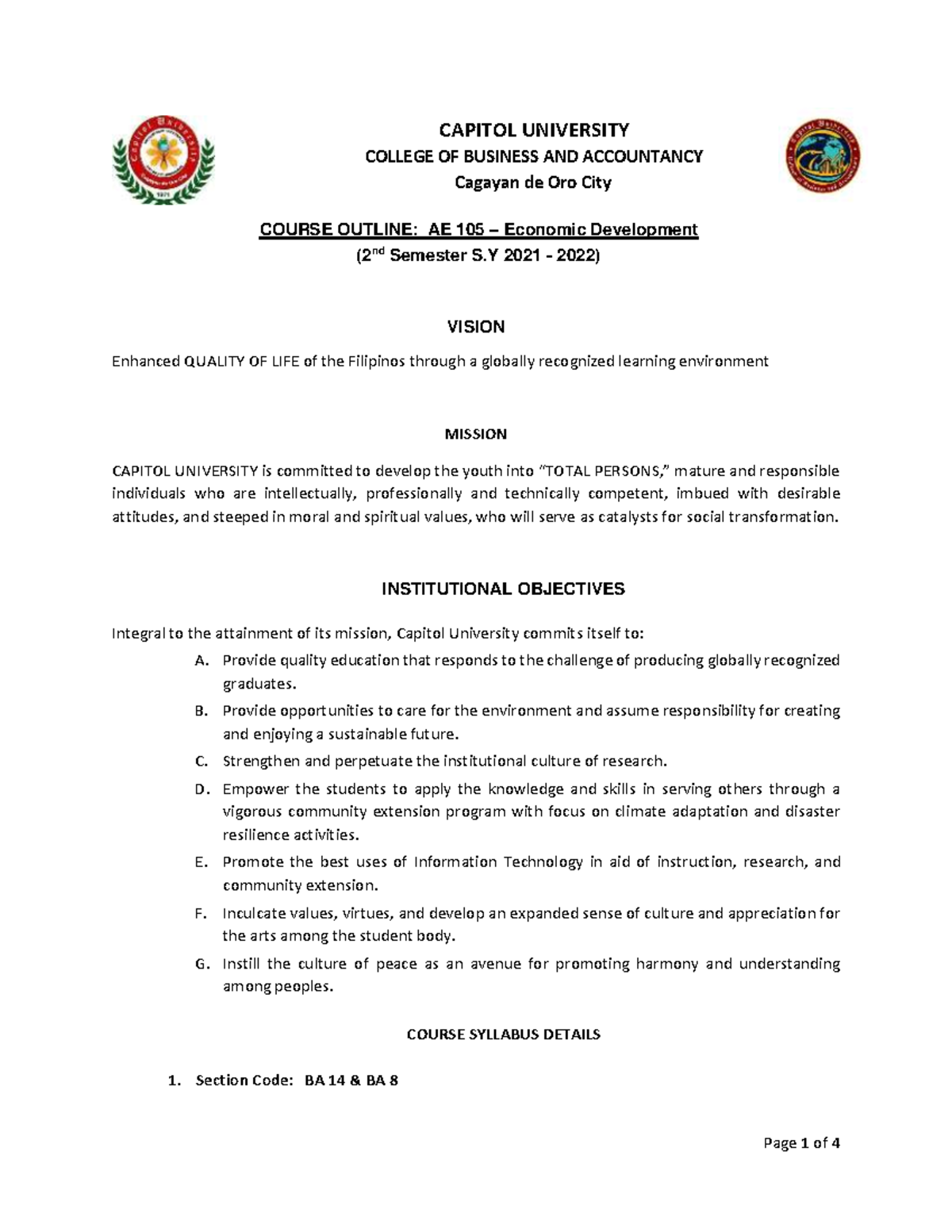 Course Outline for Economic Development - CAPITOL UNIVERSITY COLLEGE OF ...