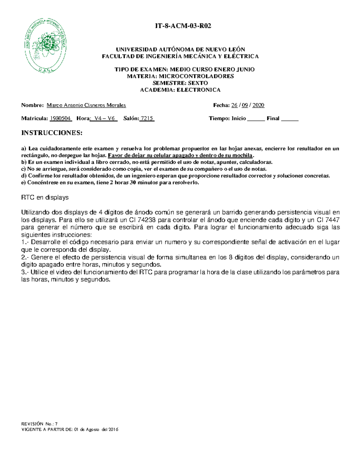 MC RTC MICROCONTROLADORES - REVISIÓN No.: 7 IT- 8 - ACM- 03 - R UNIVERSIDAD AUTÓNOMA DE NUEVO ...
