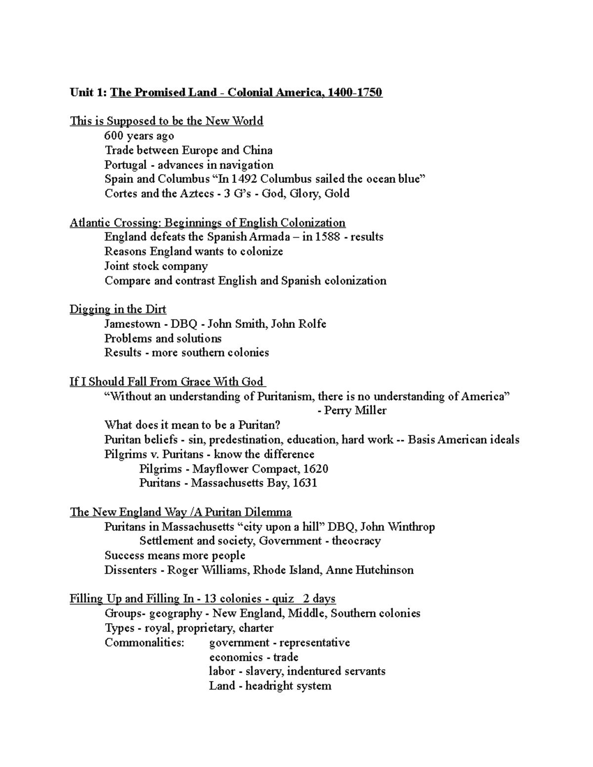 Unit1 Notes 1400-1700 - Unit 1: The Promised Land - Colonial America ...