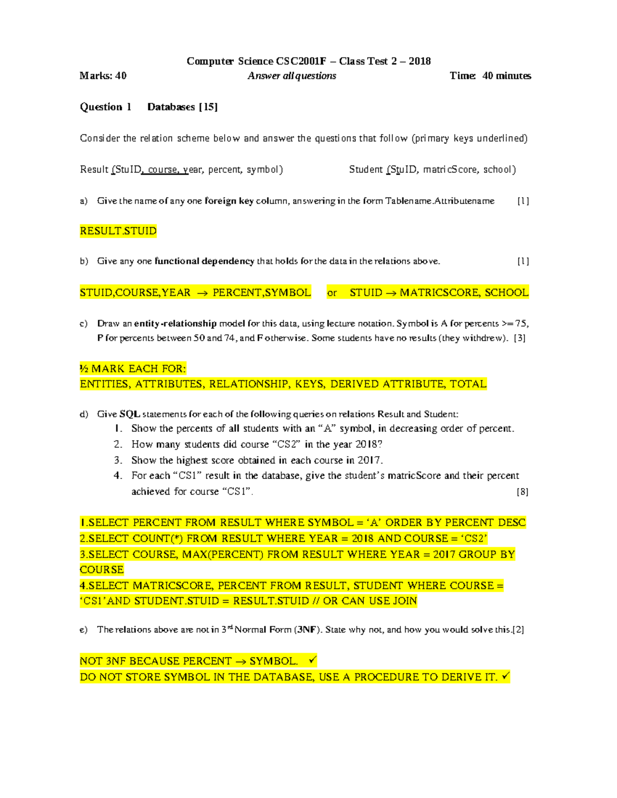 Test2 2018 Csc2001 F Solution Computer Science Csc2001f Class Test 2 2018 Marks 40 Answer