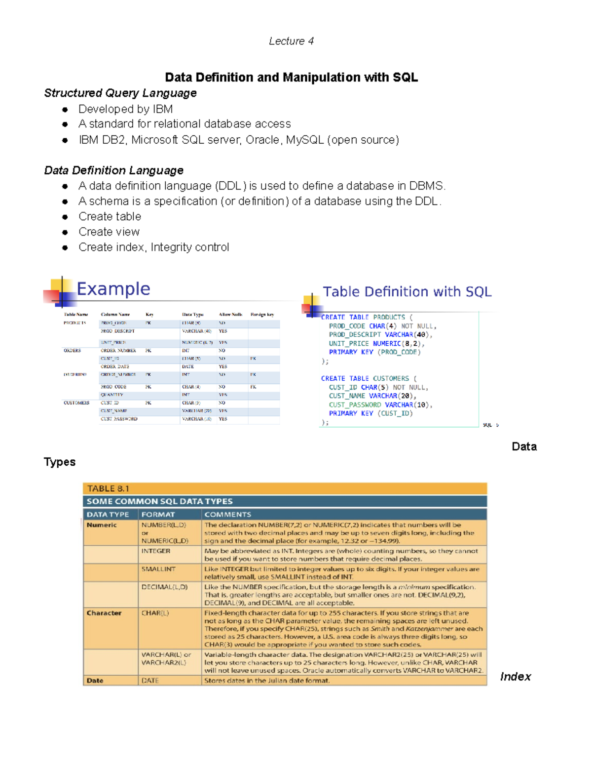 Lecture 4 - Data Definition and Manipulation with SQL - Data Definition ...