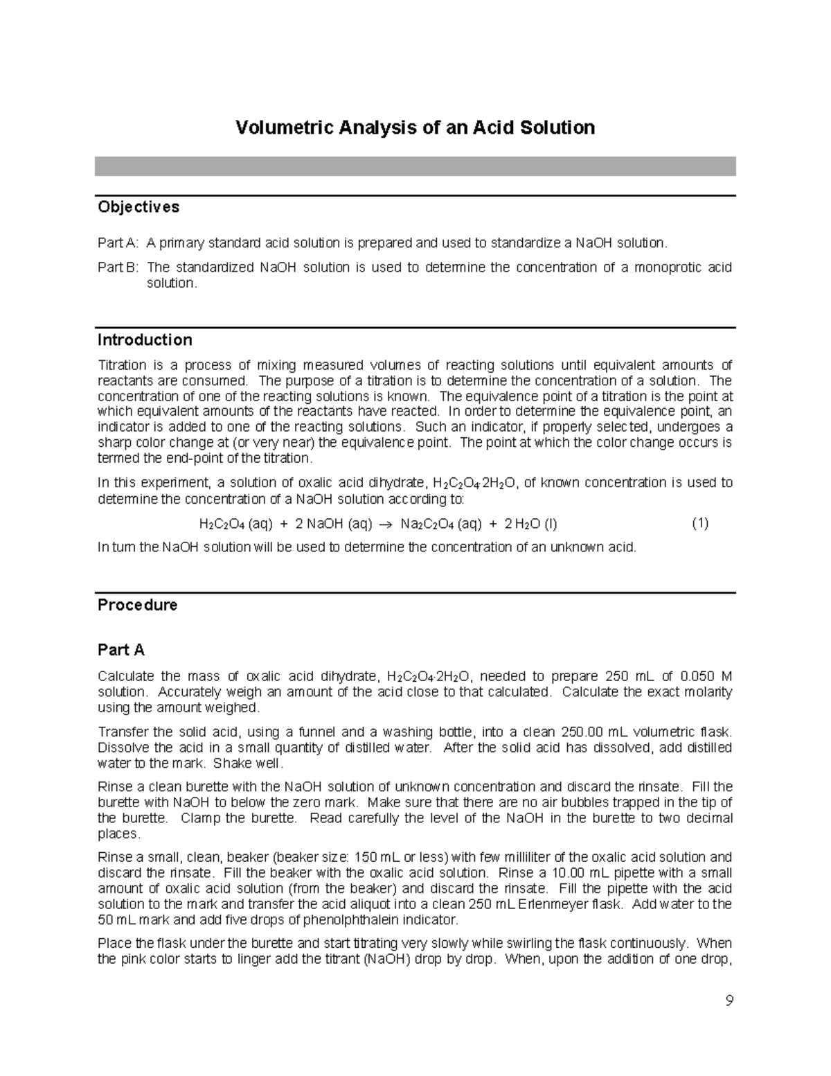 Volumetric Analysis of an Acid Solution - Volumetric Analysis of an ...