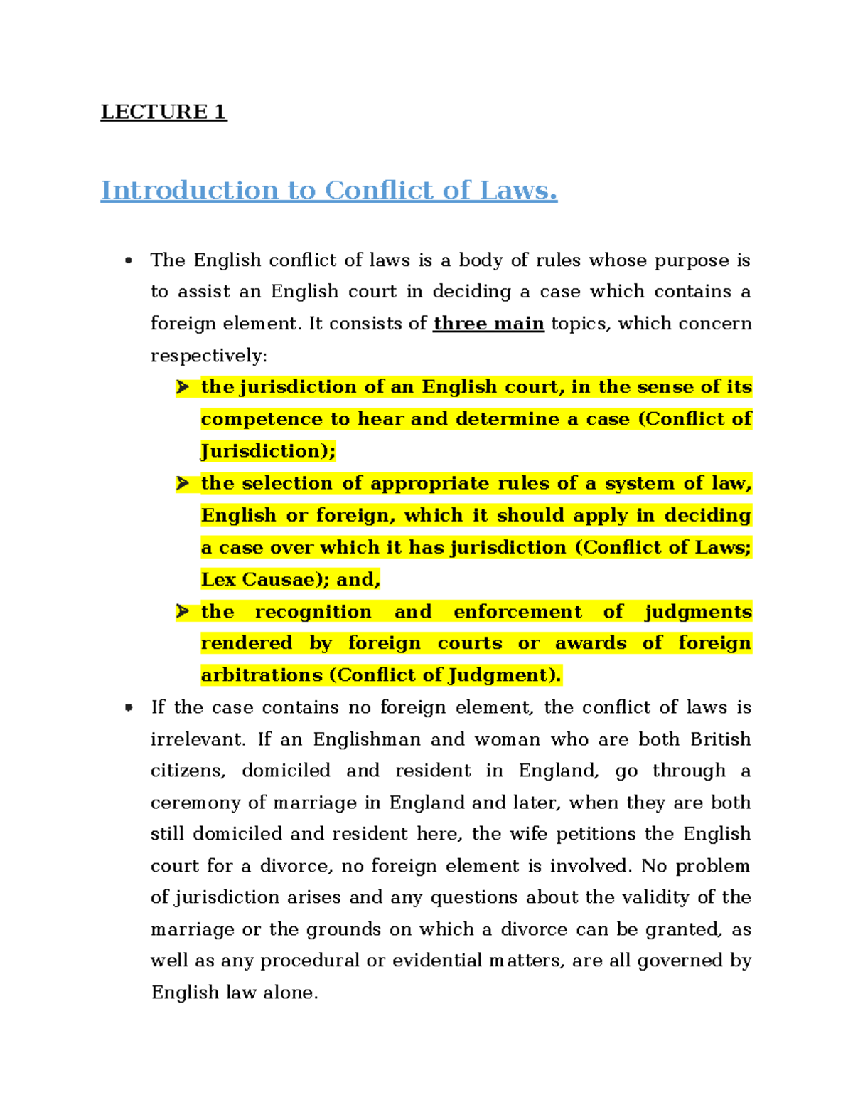 Lecture 1 - law - LECTURE 1 Introduction to Conflict of Laws. The ...