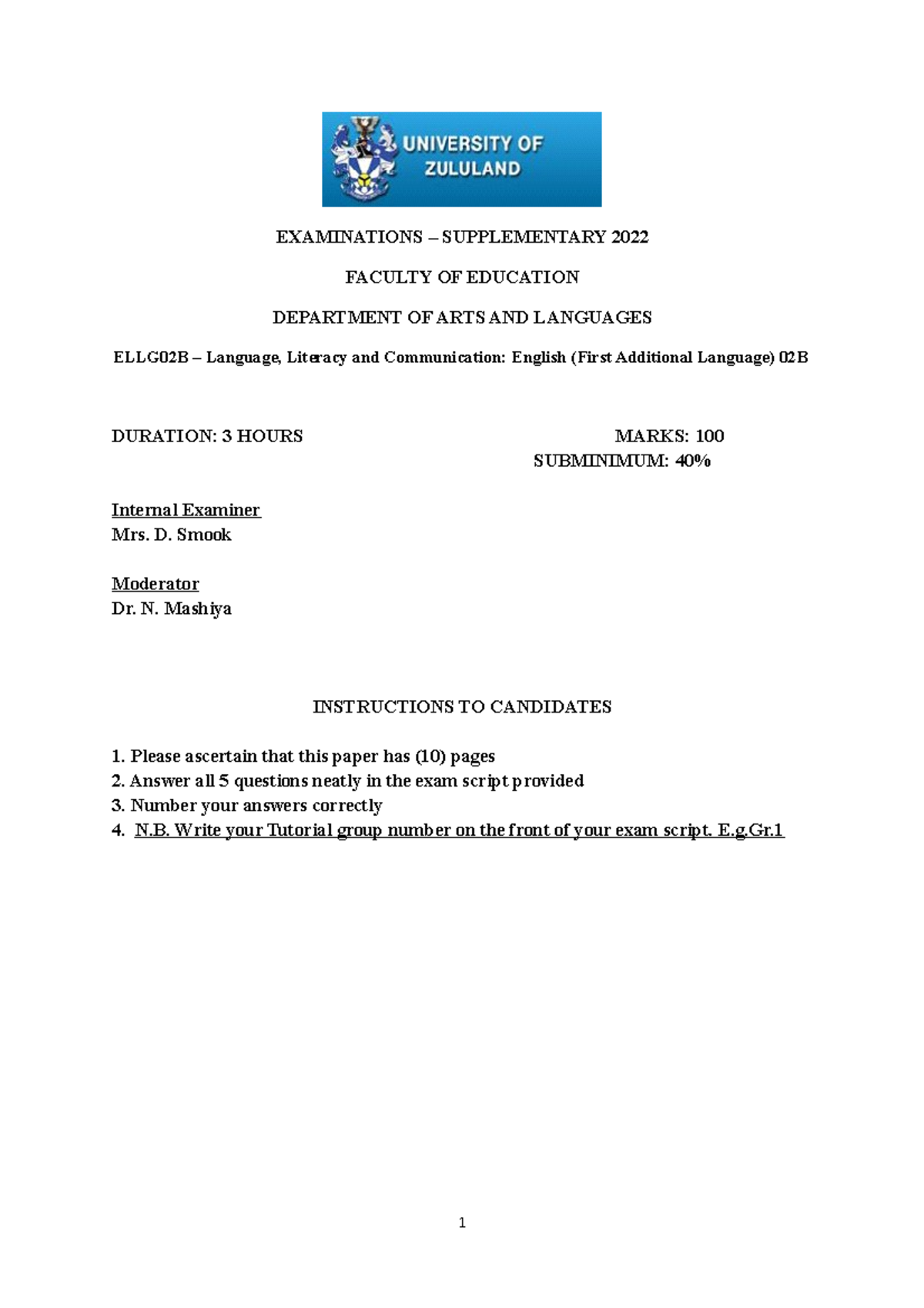 Elllg 02B Supplementary EXAM 2022 - EXAMINATIONS – SUPPLEMENTARY 2022 ...