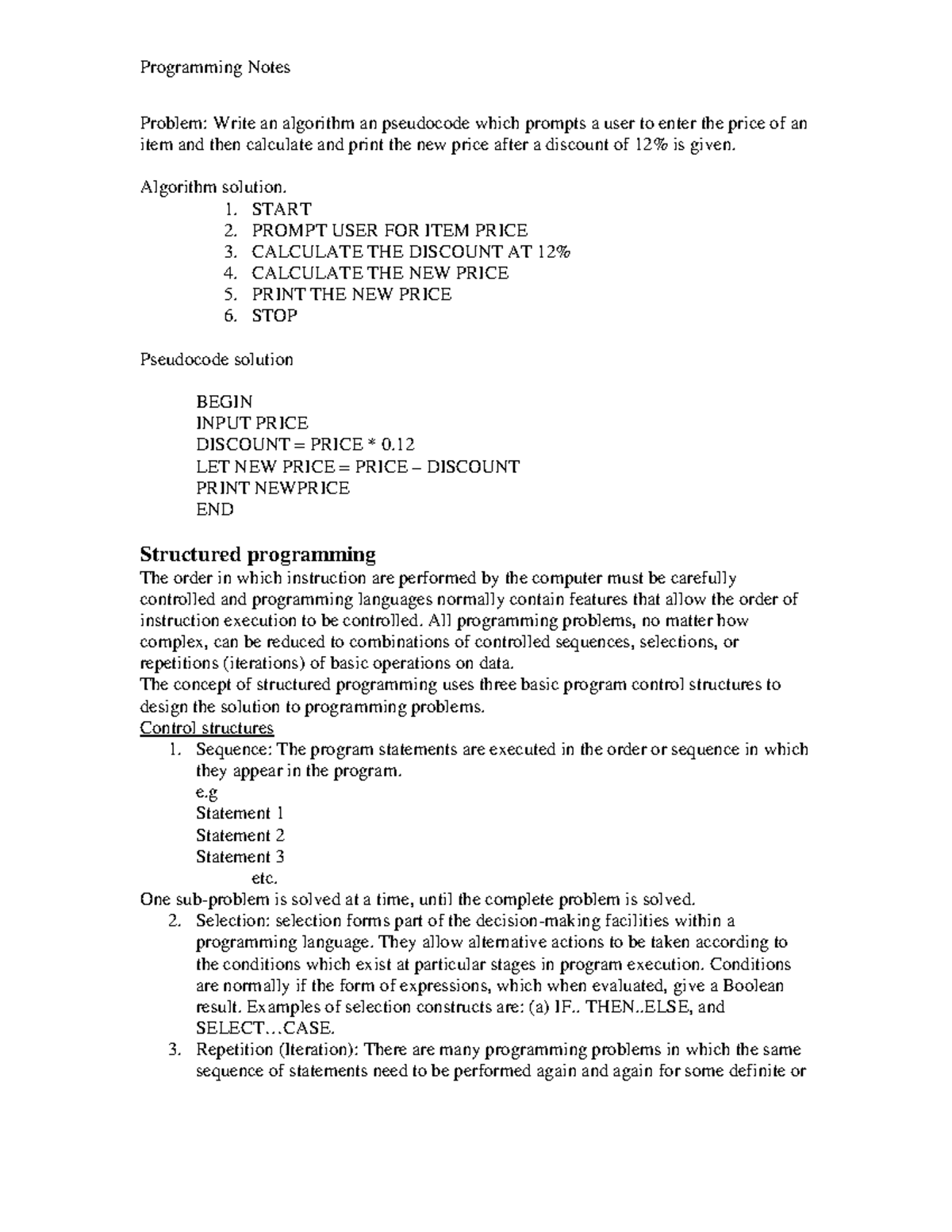 Programming Notes Problem Write An Algorithm An Pseudocode Which Prompts A User To Enter The