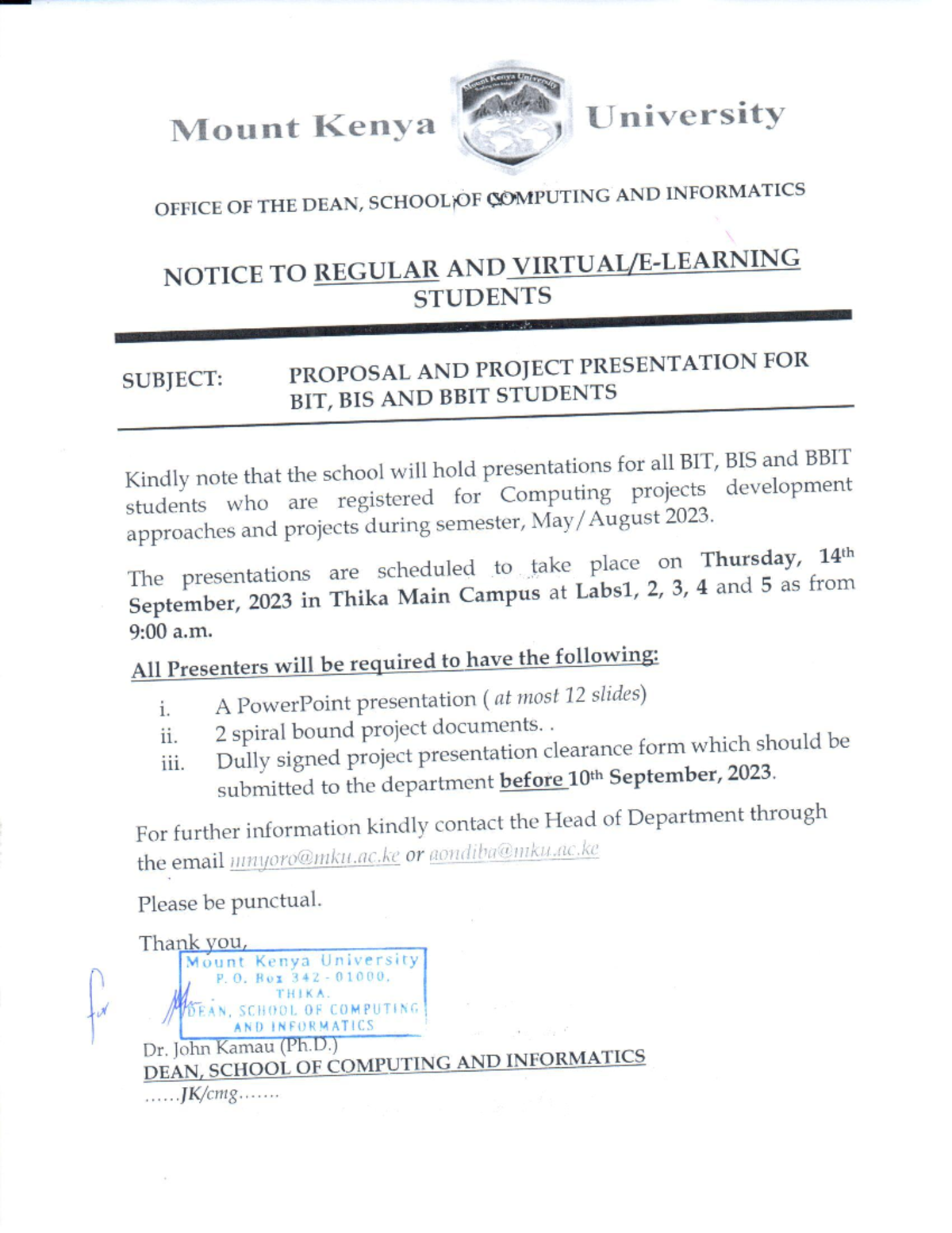 Notice of Project Presentation for Bachelors Computing Students - BUSINESS MANAGEMENT - Studocu