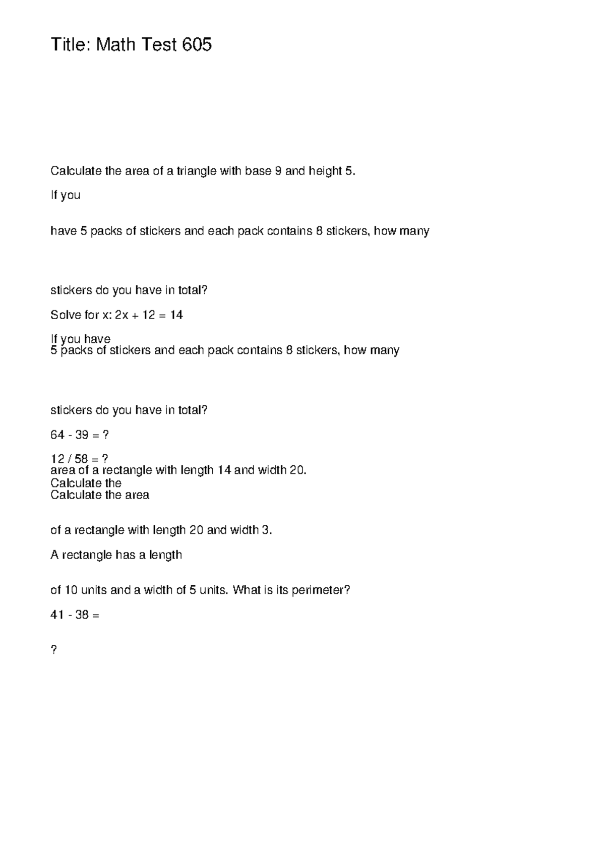 Math Test 605 - Test - Title: Math Test 605 Calculate the area of a ...