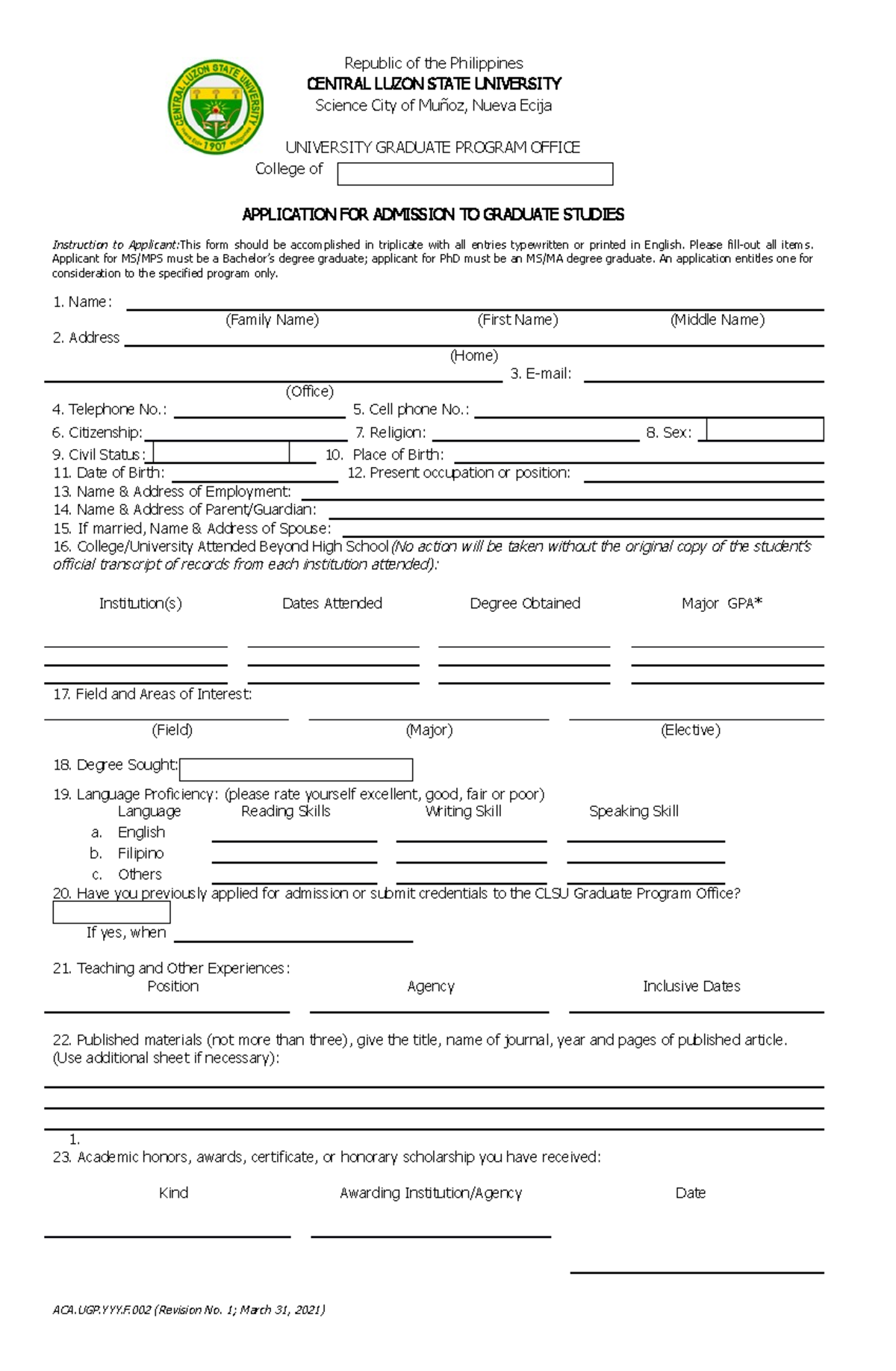 002.Application for Admission Form - Republic of the Philippines ...