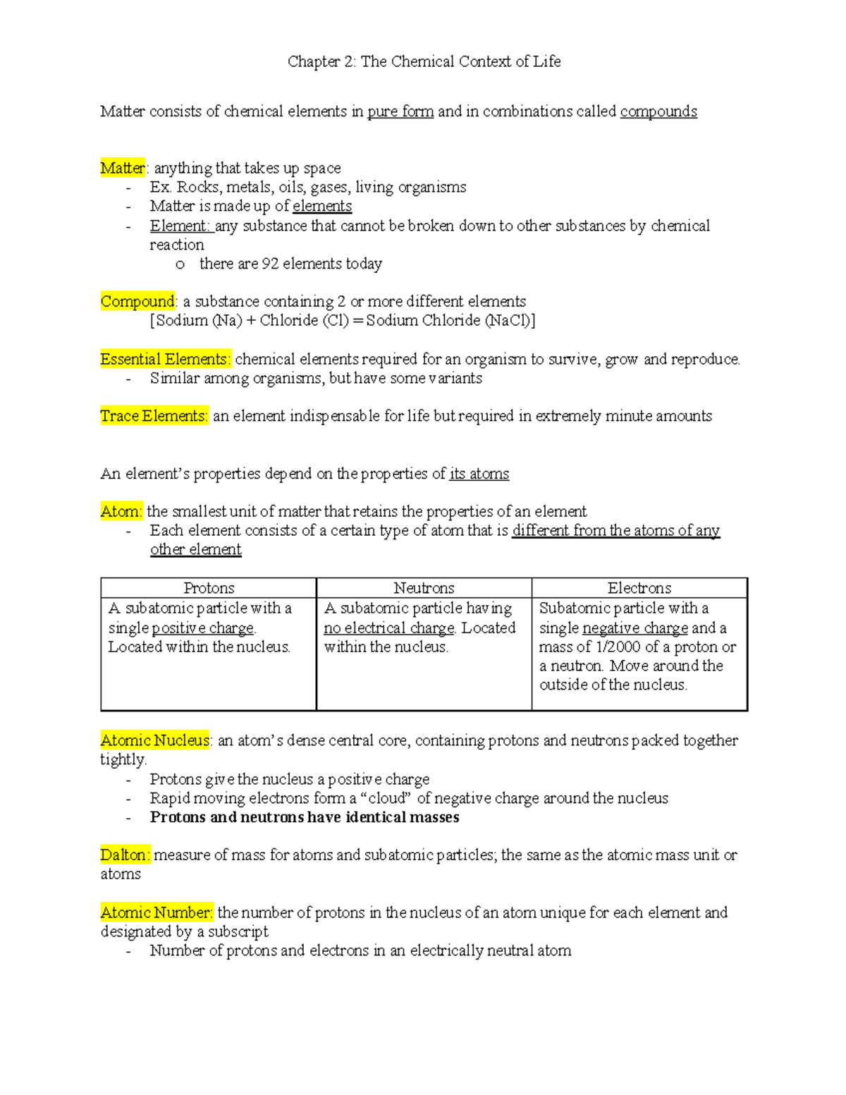 Chapter 2 Biology - Chapter 2: The Chemical Context of Life Matter ...