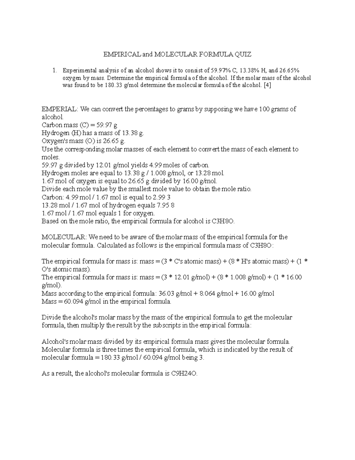 Empirical and Molecular Formula Quiz - Studocu