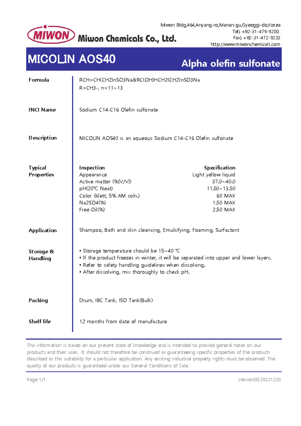 TDS Micolin AOS40 - raw material - Miwon Bldg,464,Anyang-ro,Manan-gu ...