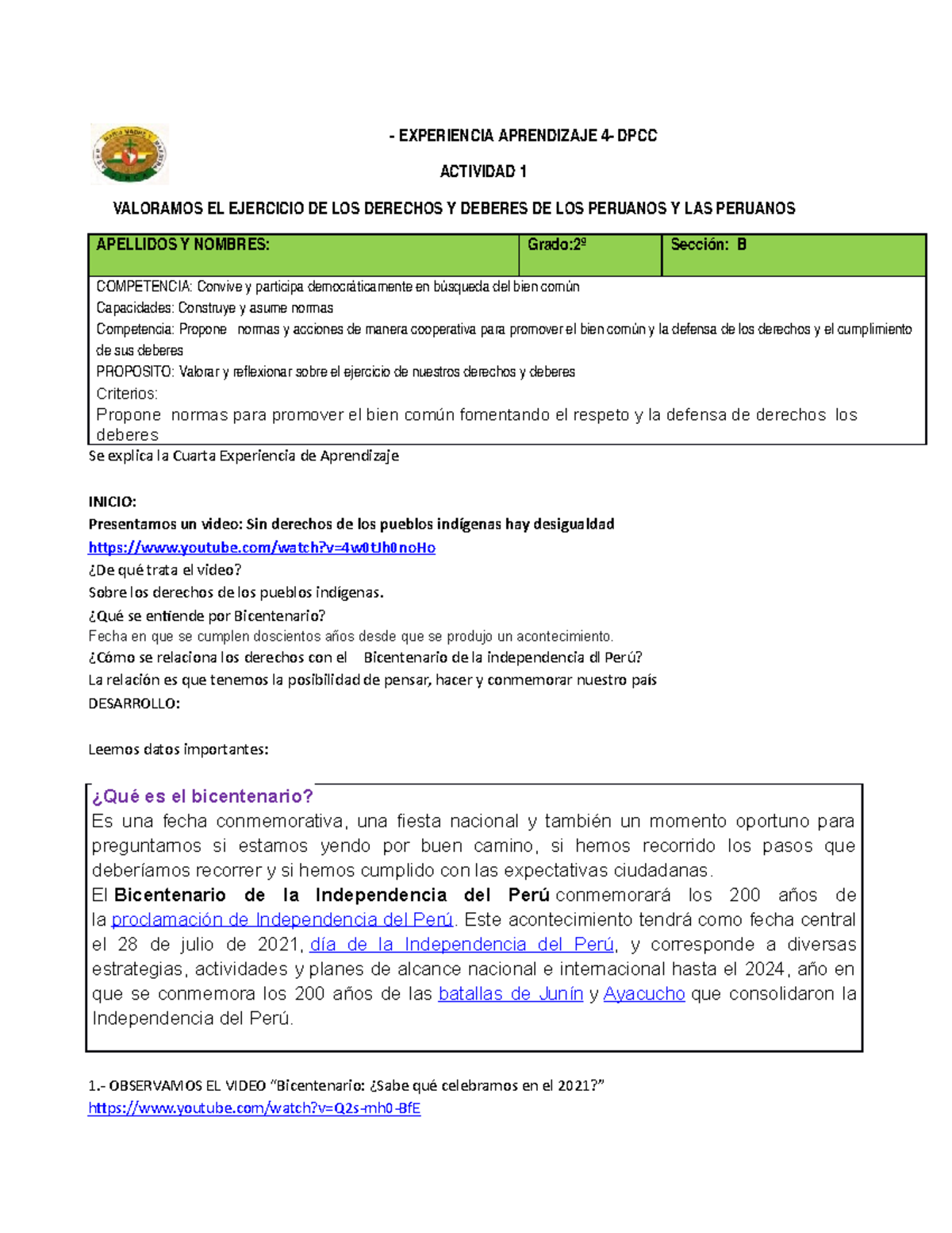 Activ. 1DPCC - Espero les ayude - EXPERIENCIA APRENDIZAJE 4- DPCC ACTIVIDAD 1 VALORAMOS EL ...