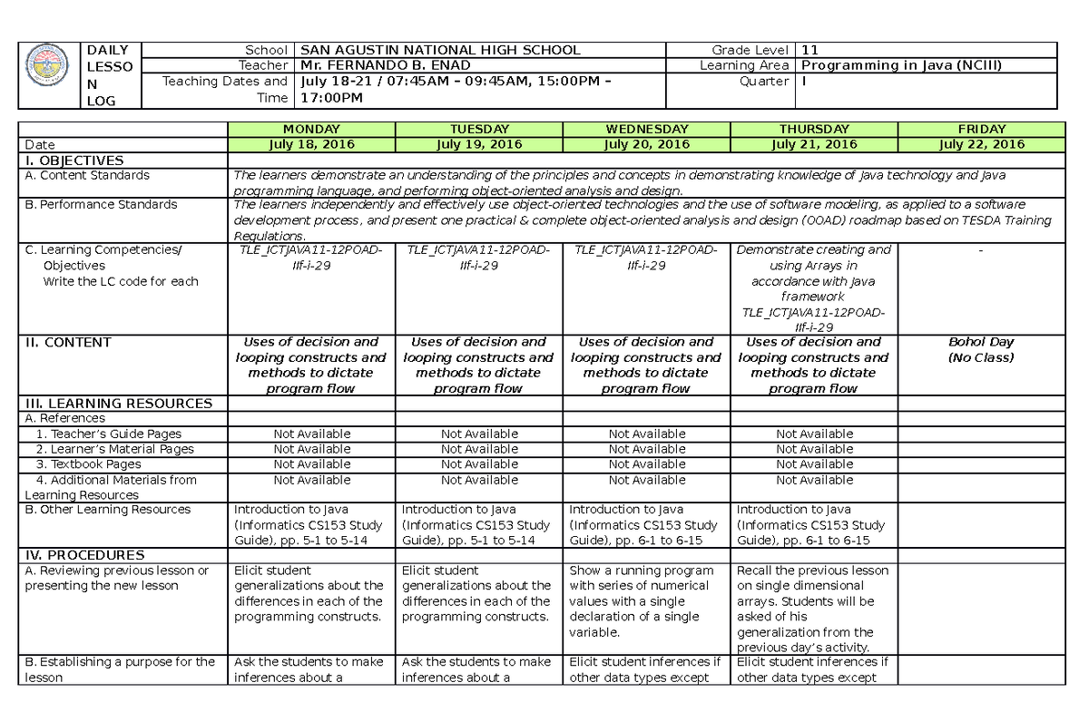452299158 331287988 Lesson Log for ICT 101 Programming Java - DAILY ... 452299158 331287988 Lesson Log for ICT 101 Programming Java - DAILY ...