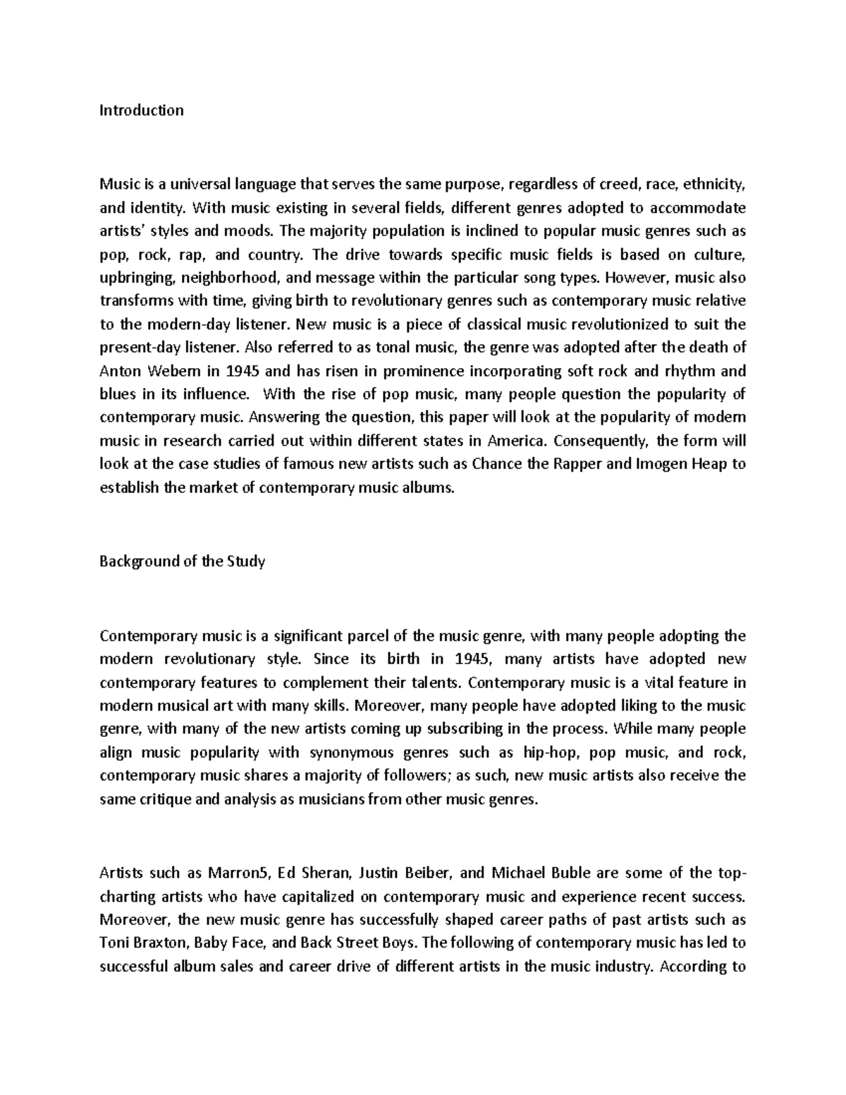 The Popularity of Contemporary Music - Introduction Music is a ...