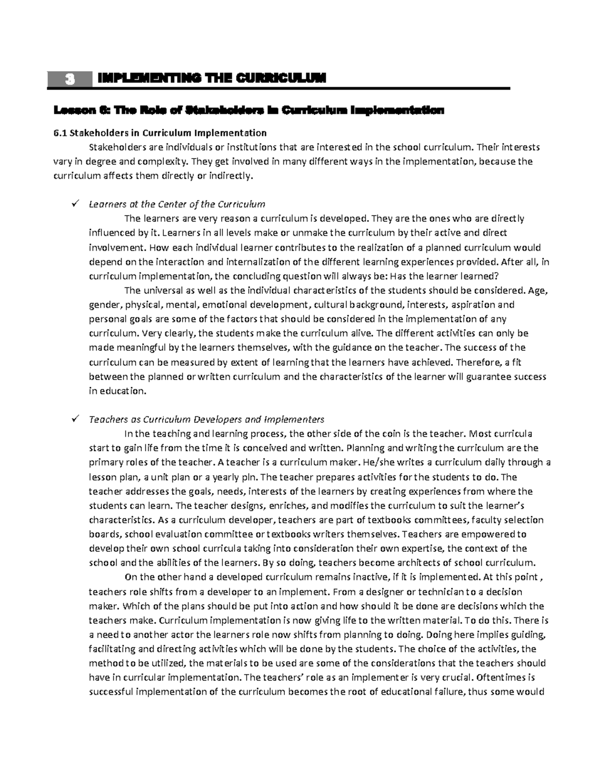 Implementing the curriculum - 3 IMPLEMENTING THE CURRICULUM Lesson 6: The Role of Stakeholders ...