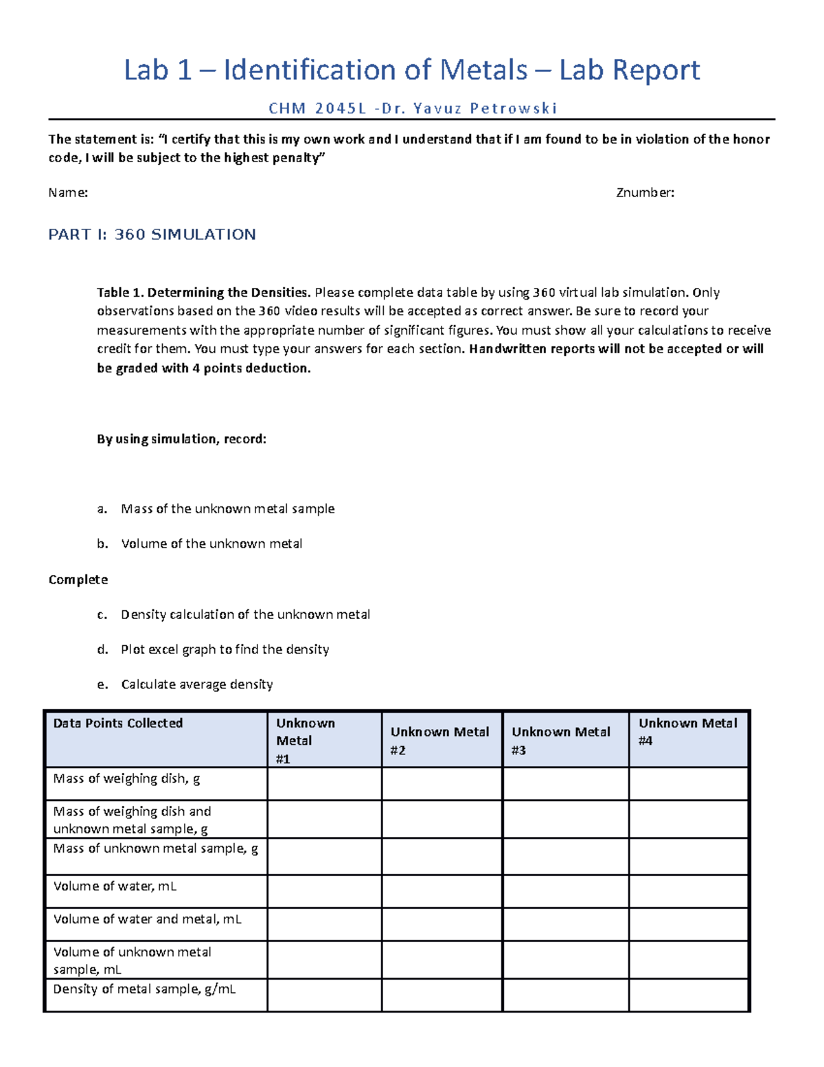 Lab1 Density Lab Report Online 1 - Lab 1 – Identification of Metals ...