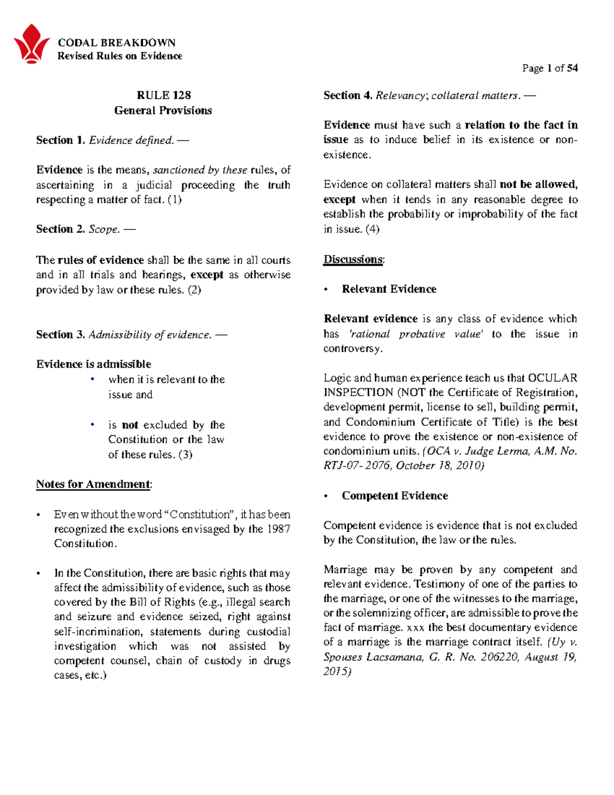 Codal Breakdown on Evidence - Juris Doctor - Studocu