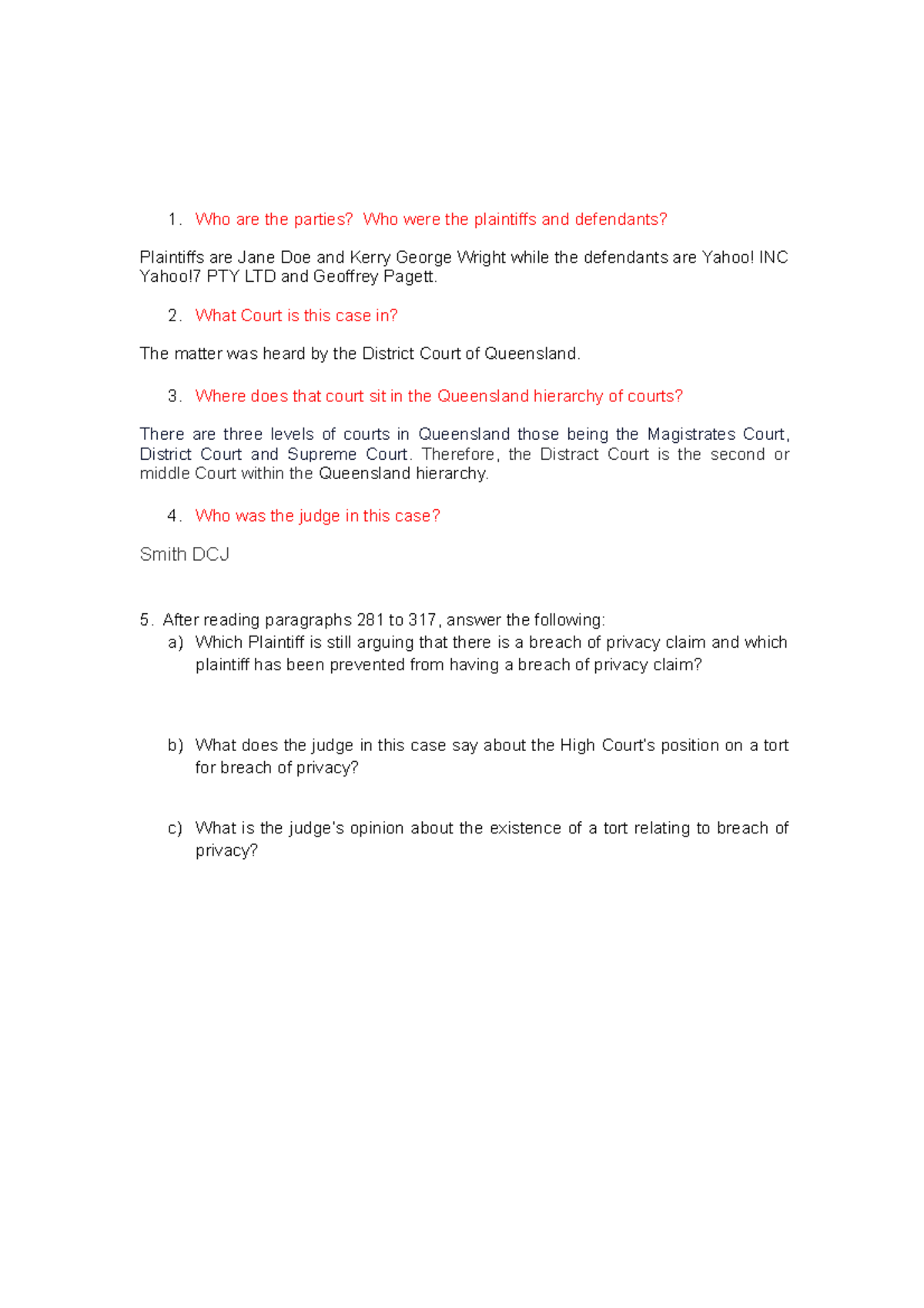 Week 4 Workshop 3 Torts 1 2021LAW - 1. Who are the parties? Who were the plaintiffs and ...