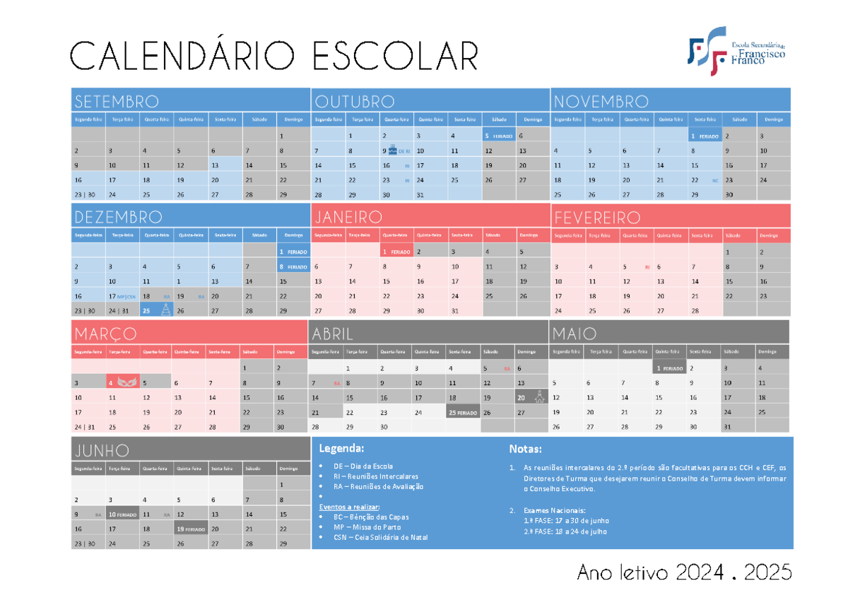 Calendario Escolar 2425 - CALENDÁRIO ESCOLAR Legenda: DE – Dia da ...