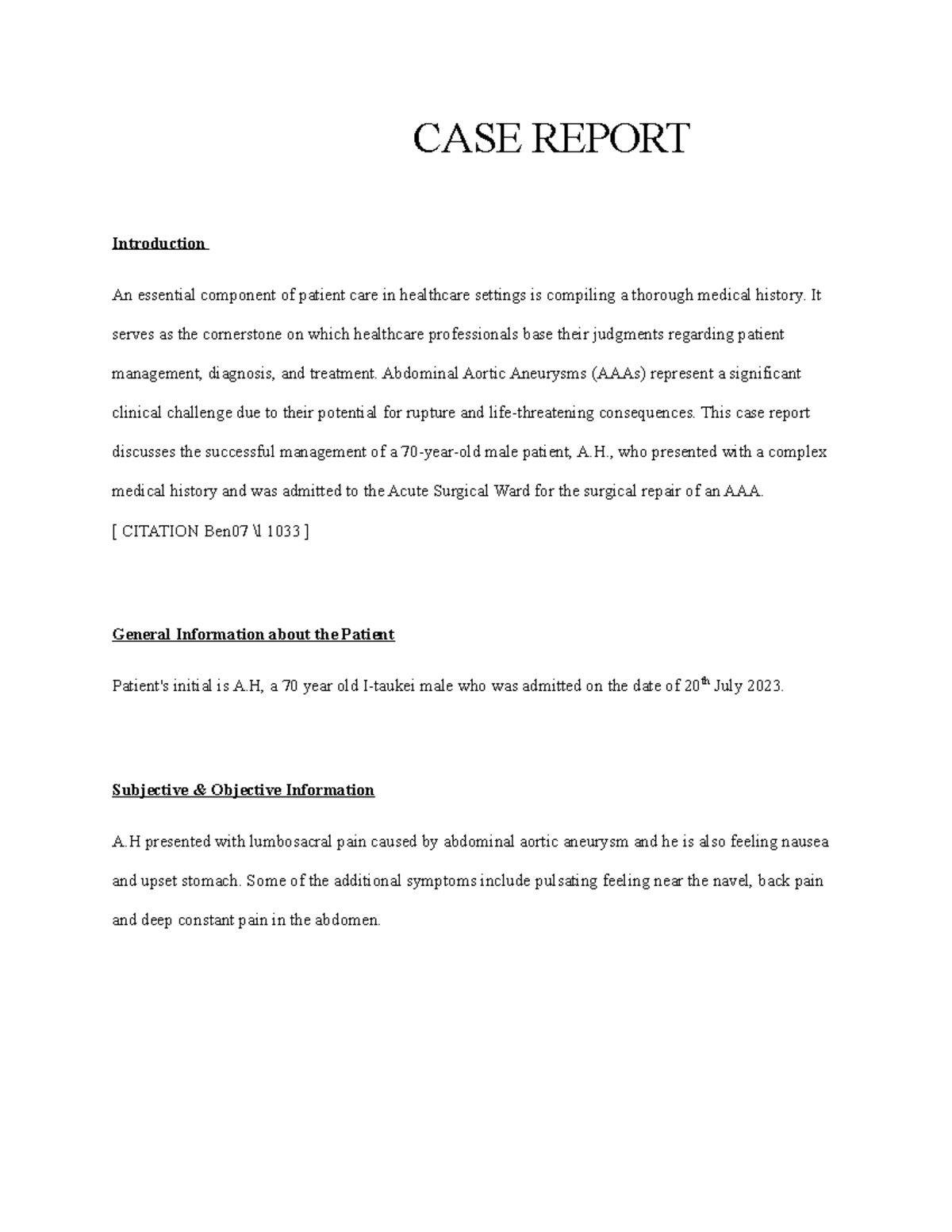 Case report NUR 614 - CASE REPORT Introduction An essential component ...