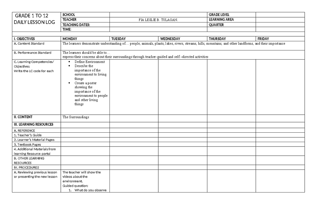 DLL- Sample - for reference - GRADE 1 TO 12 DAILY LESSON LOG SCHOOL ...