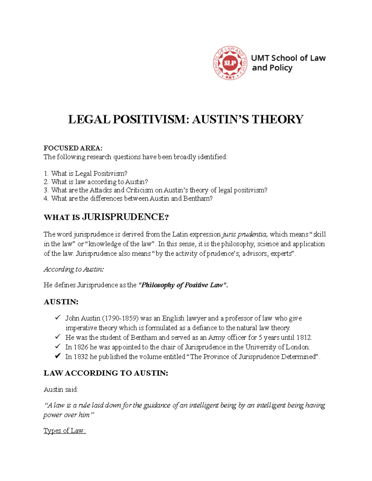 Legal Positivism Austins Theory - LEGAL POSITIVISM: AUSTIN’S THEORY ...