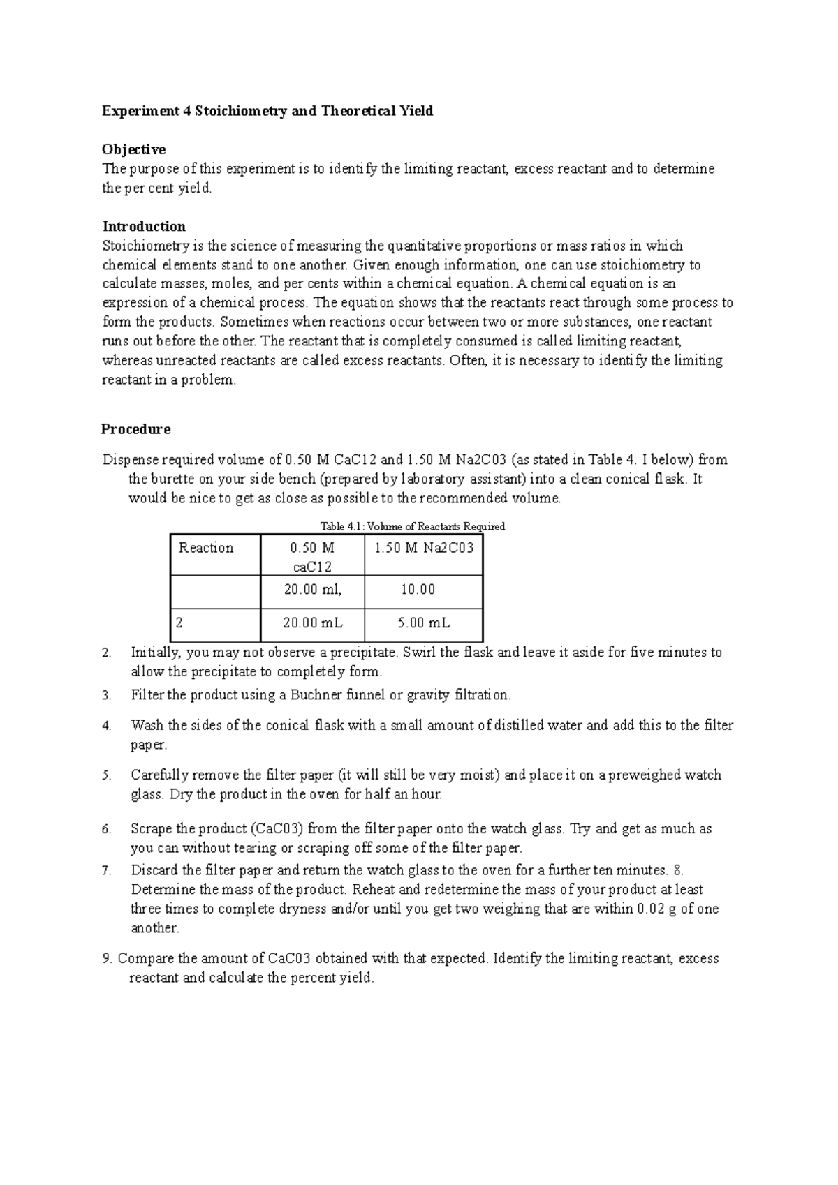 Experiment 4 Stoich - tutorial work - Experiment 4 Stoichiometry and ...