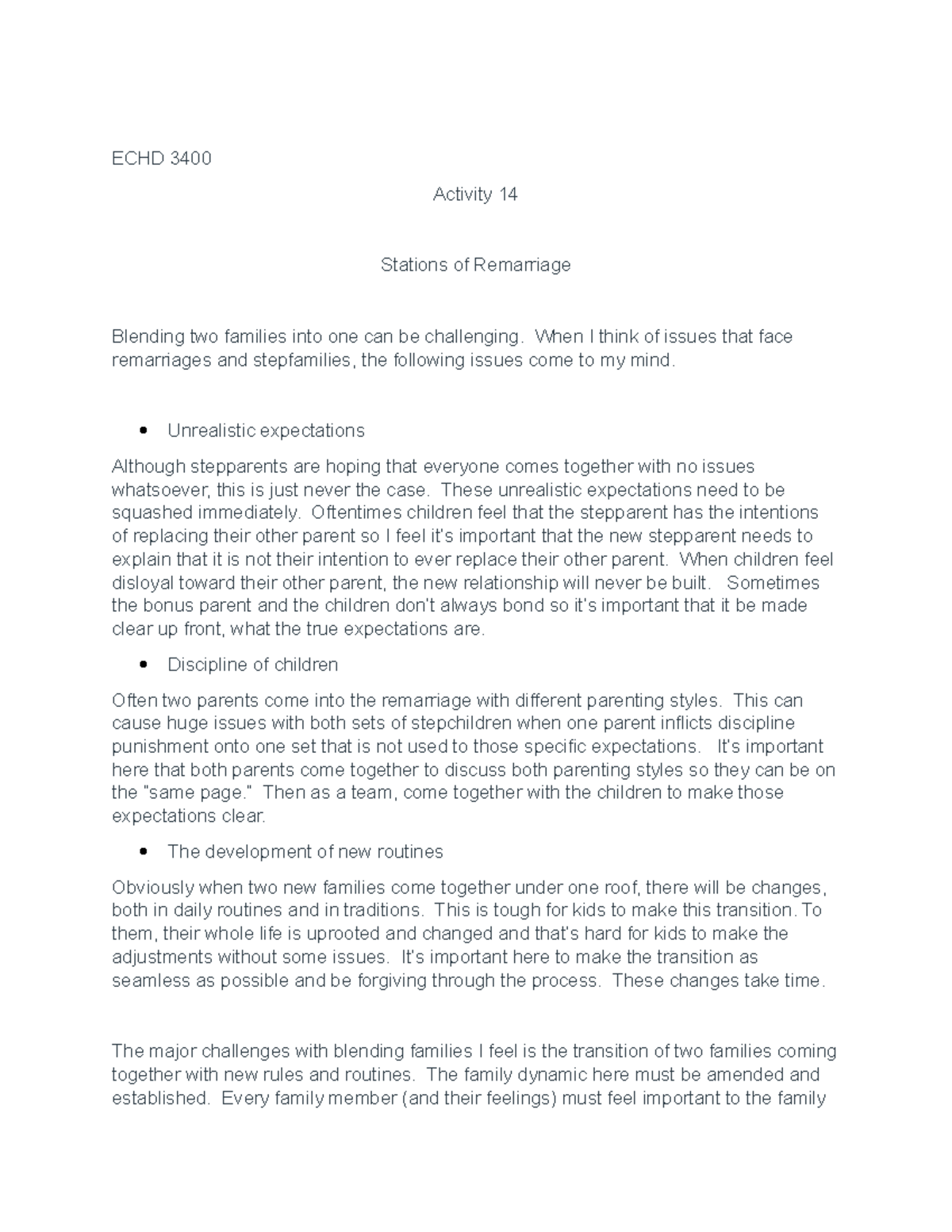 Family Relations Activity 14 - ECHD 3400 Activity 14 Stations of Remarriage Blending two ...